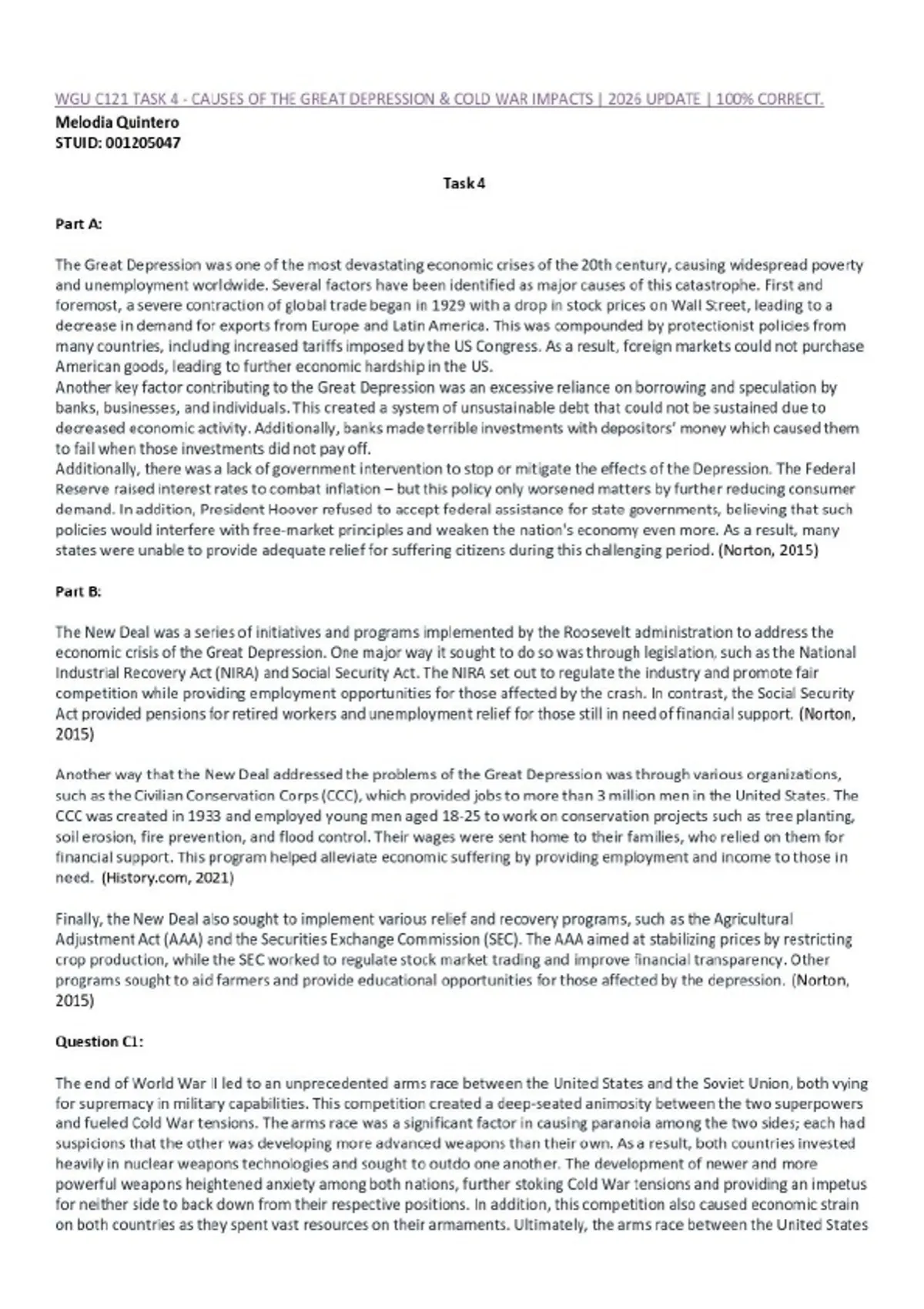 WGU C121 TASK 4 - CAUSES OF THE GREAT DEPRESSION & COLD WAR IMPACTS ...