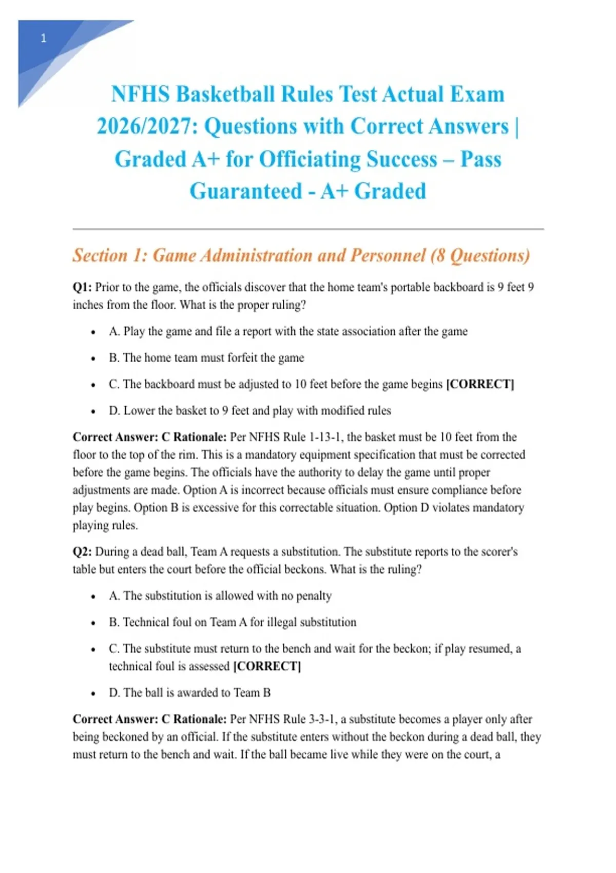 NFHS Basketball Rules Test Actual Exam 2026/2027: Questions with ...