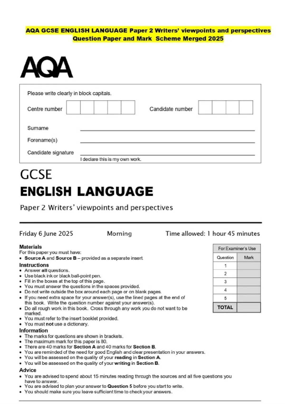 AQA GCSE ENGLISH LANGUAGE Paper 2 Writers’ viewpoints and perspectives ...