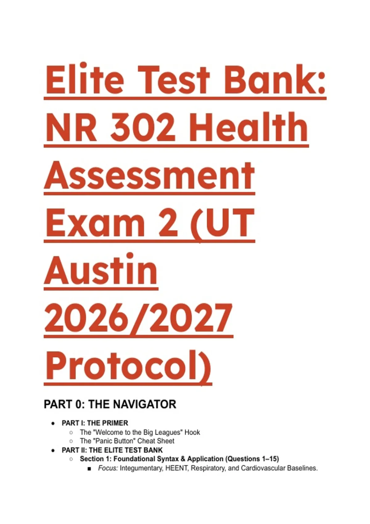 NR 302 Health Assessment Exam 2 Test Bank | UT Austin Protocol | Elite ...