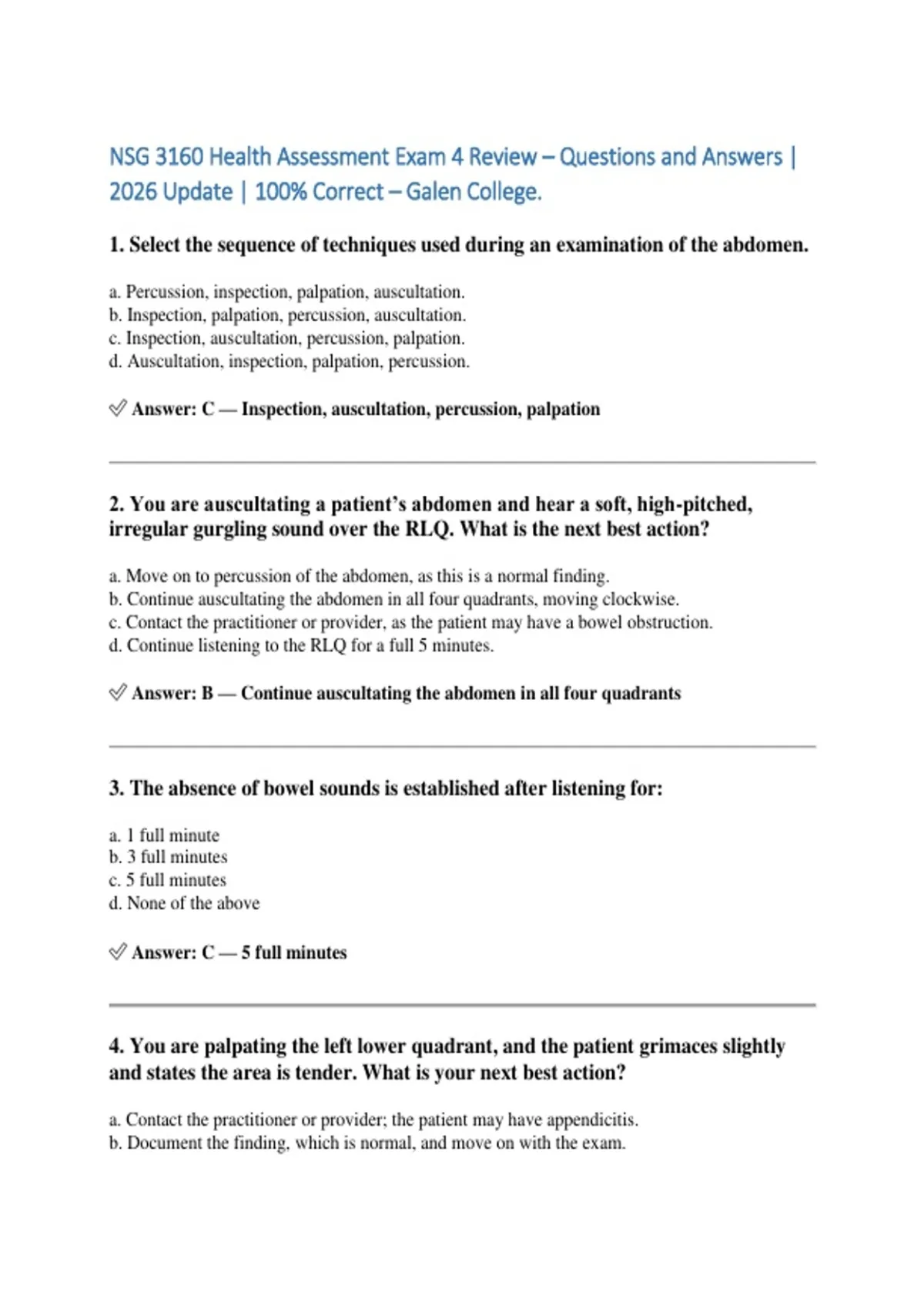 NSG 3160 Health Assessment Exam 4 Review – Questions and Answers | 2026 ...