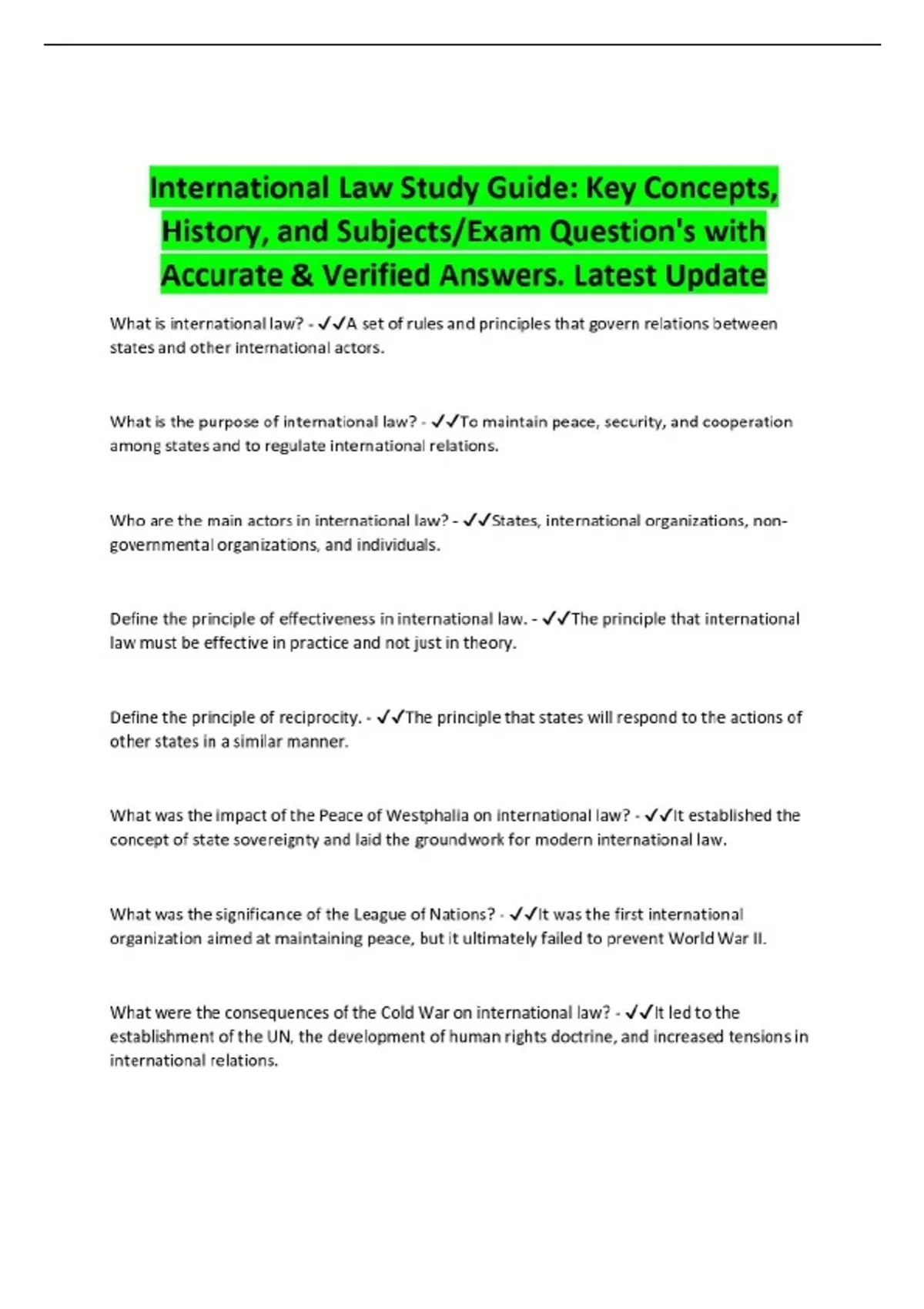International Law Study Guide: Key Concepts, History, and Subjects/Exam ...