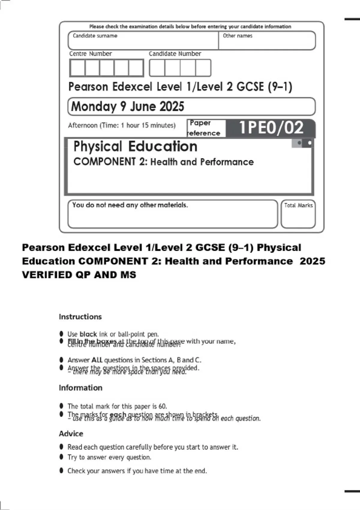 Pearson Edexcel Level 1/Level 2 GCSE (9–1) Physical Education COMPONENT ...