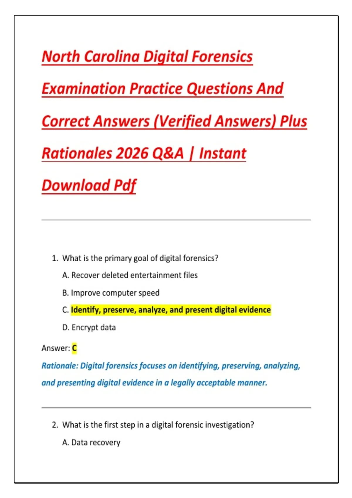 North Carolina Digital Forensics Examination Practice Questions And ...