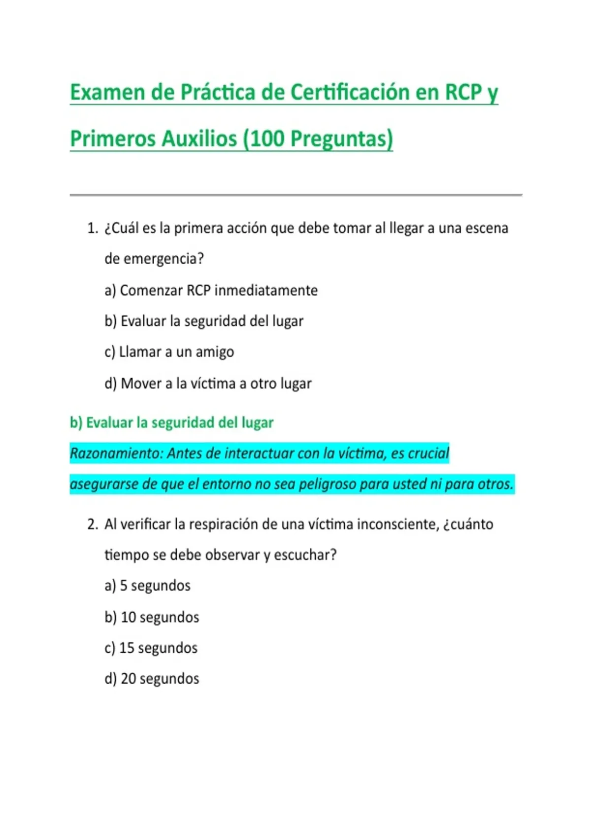 Examen de Práctica de Certificación en RCP y Primeros Auxilios (100 ...