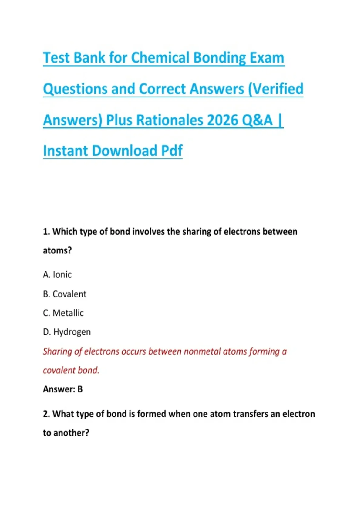 Test Bank for Chemical Bonding Exam Questions and Correct Answers ...