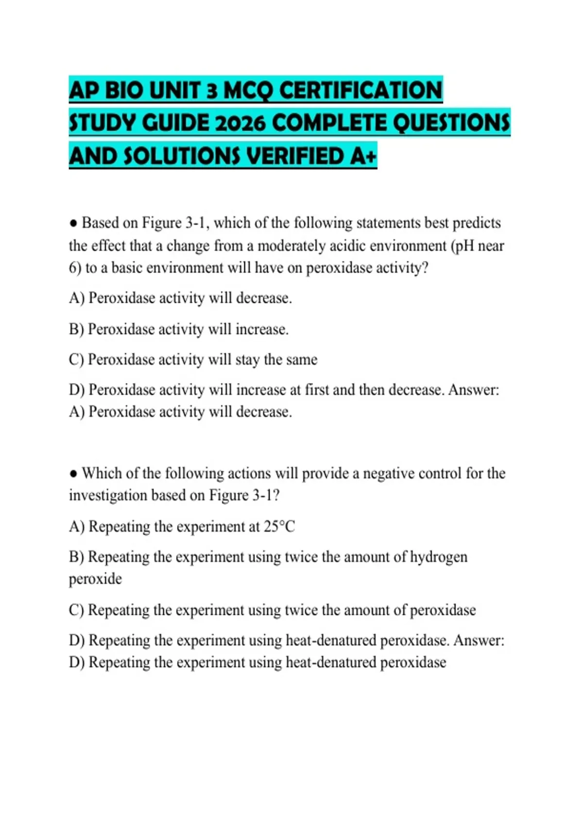 AP BIO UNIT 3 MCQ CERTIFICATION STUDY GUIDE 2026 COMPLETE QUESTIONS AND ...