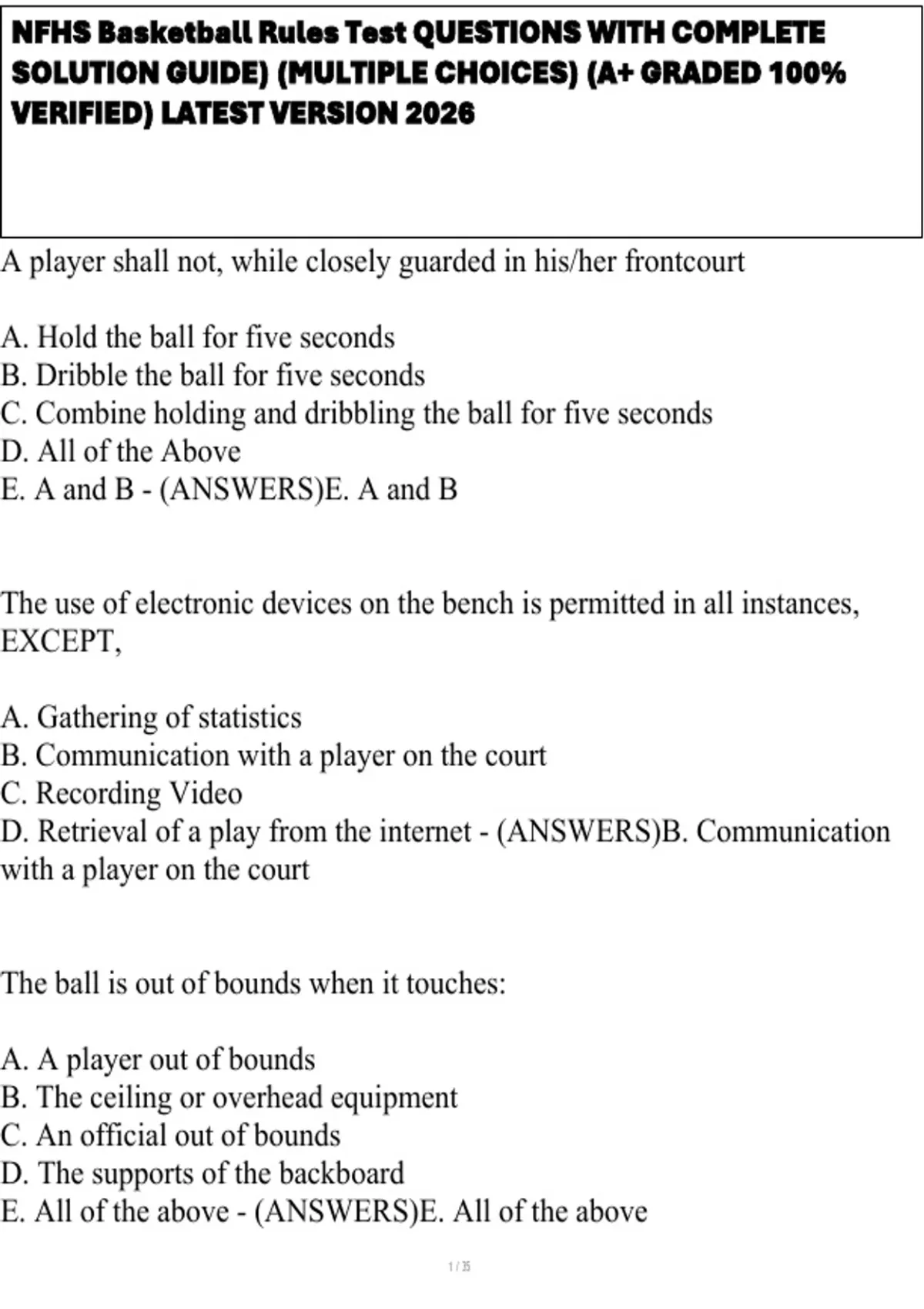 NFHS Basketball Rules Test QUESTIONS WITH COMPLETE SOLUTION GUIDE ...