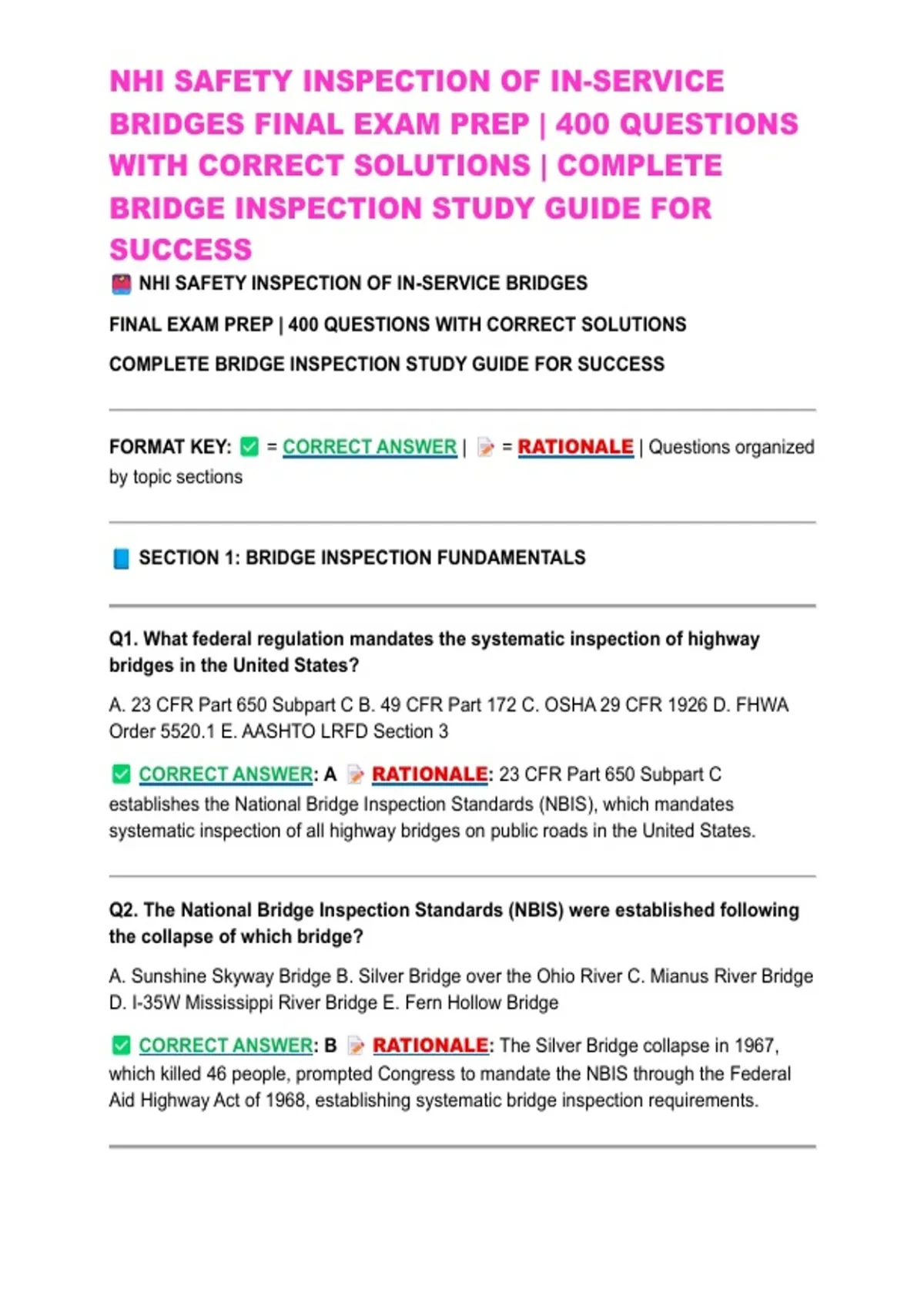 NHI SAFETY INSPECTION OF IN-SERVICE BRIDGES FINAL EXAM PREP | 400 ...