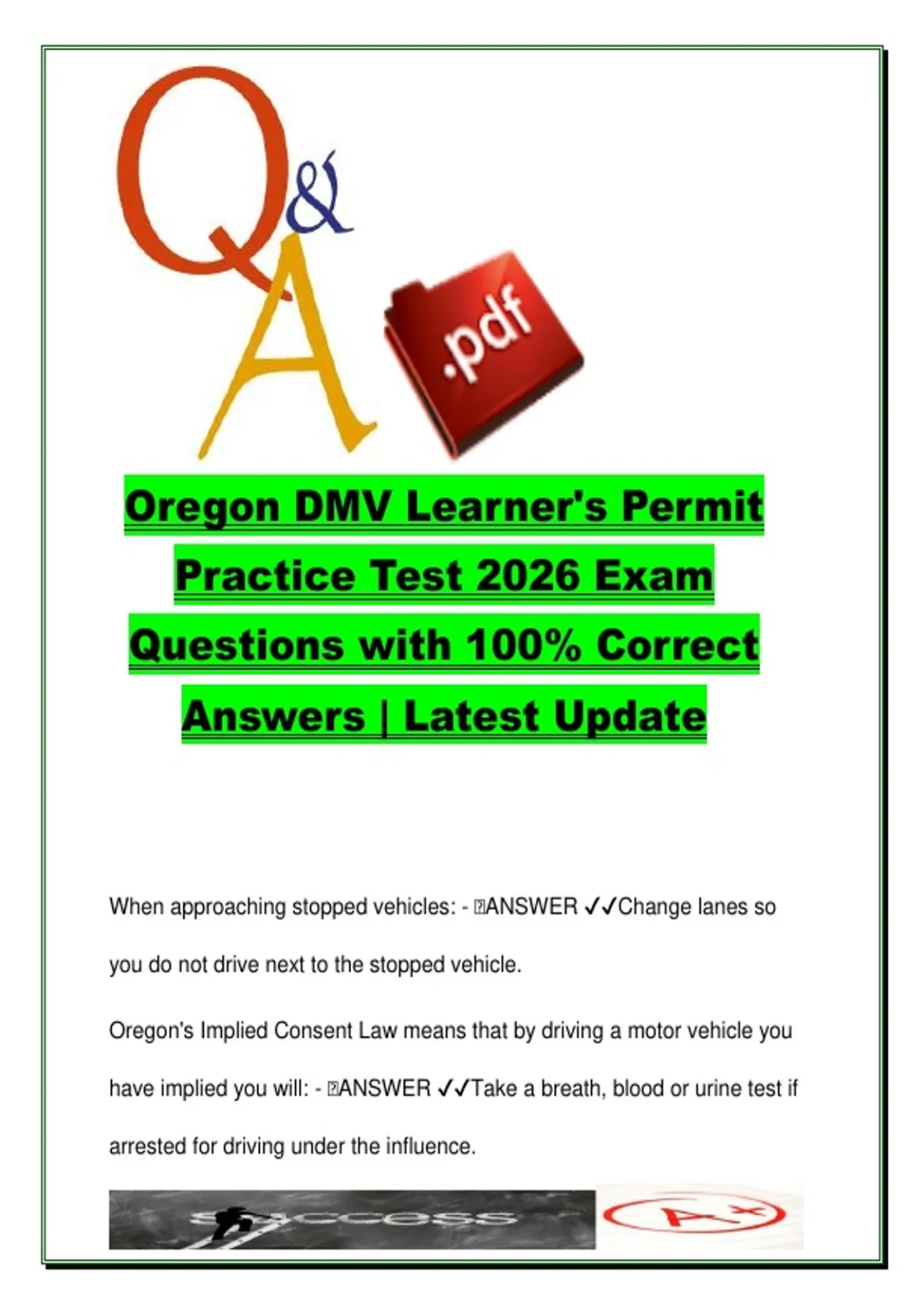Oregon DMV Learner Permit Test 2026 (DMV-OR-101) – 100 Questions ...