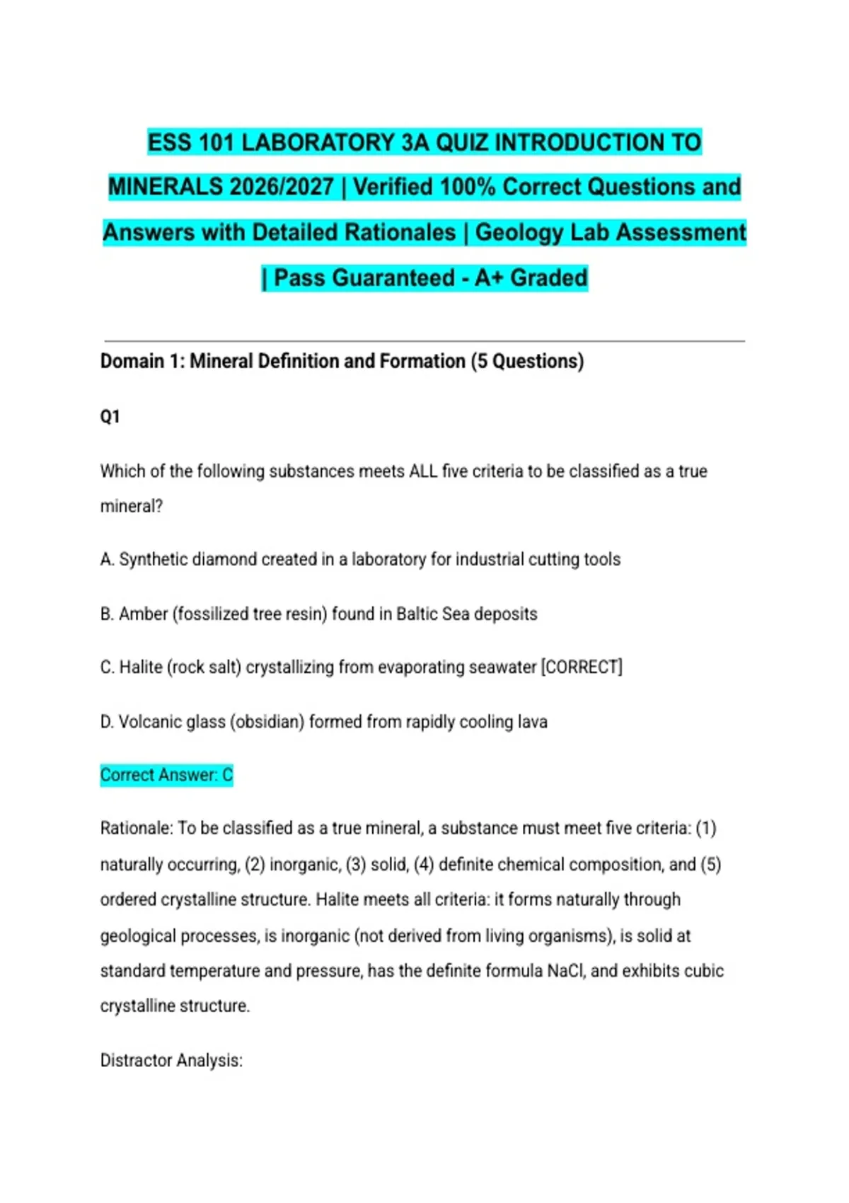 ESS 101 LABORATORY 3A QUIZ INTRODUCTION TO MINERALS 2026/2027 ...