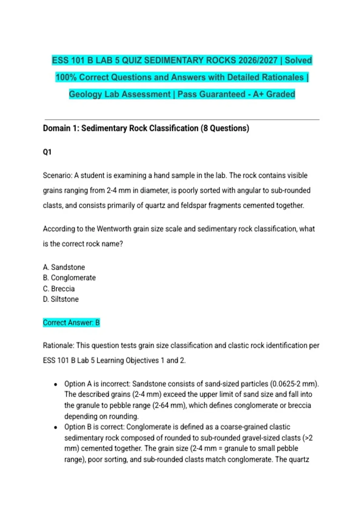 ESS 101 B LAB 5 QUIZ SEDIMENTARY ROCKS 2026/2027 | Solved 100% Correct ...