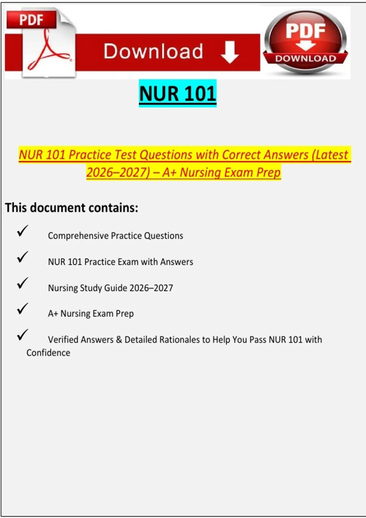 NUR 101 Practice Test Questions with Correct Answers – Nursing ...