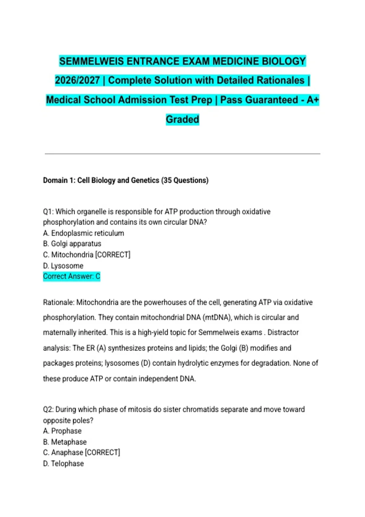 SEMMELWEIS ENTRANCE EXAM MEDICINE BIOLOGY 2026/2027 | Complete Solution ...