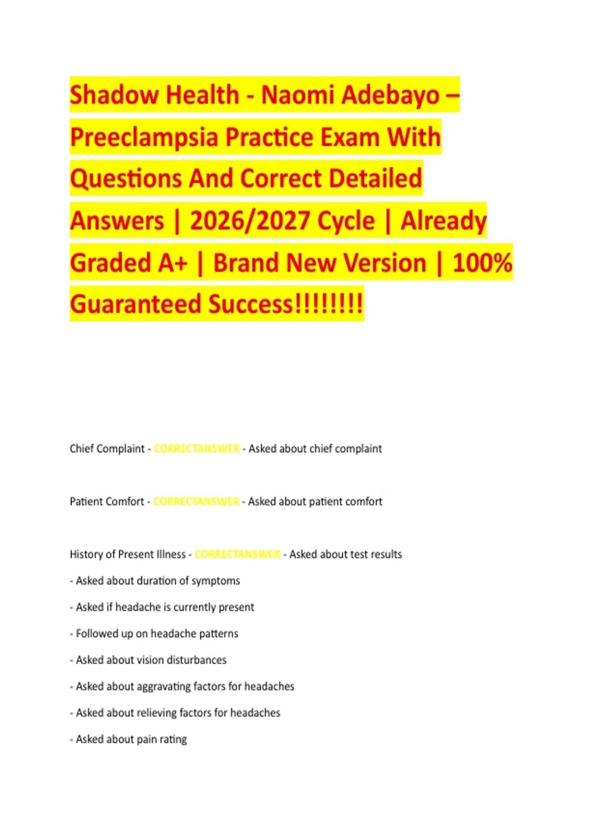 Shadow Health - Naomi Adebayo – Preeclampsia Practice Exam With ...