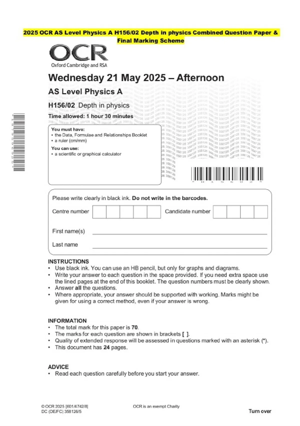2025 OCR (Oxford Cambridge and RSA) AS Level Physics A H156/02 – Depth ...