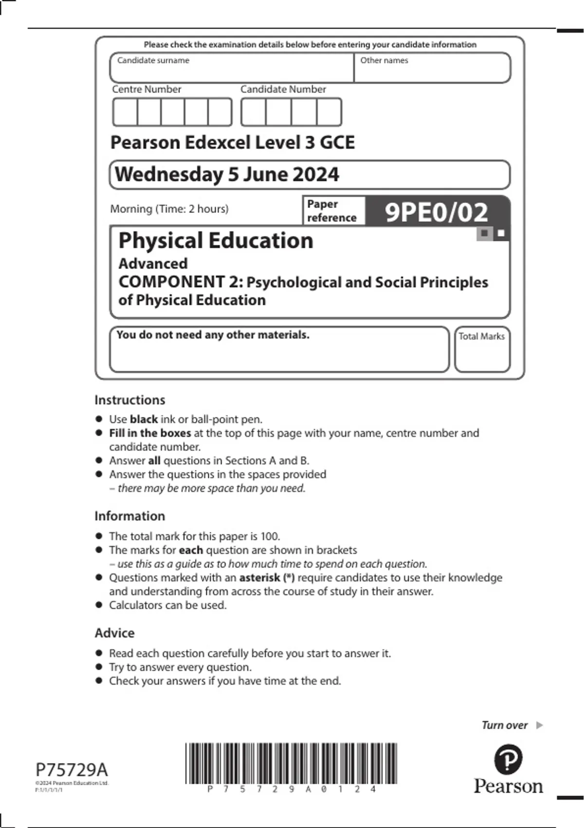 Pearson Edexcel Level 3 GCE. Physical Education Advanced COMPONENT 2 ...