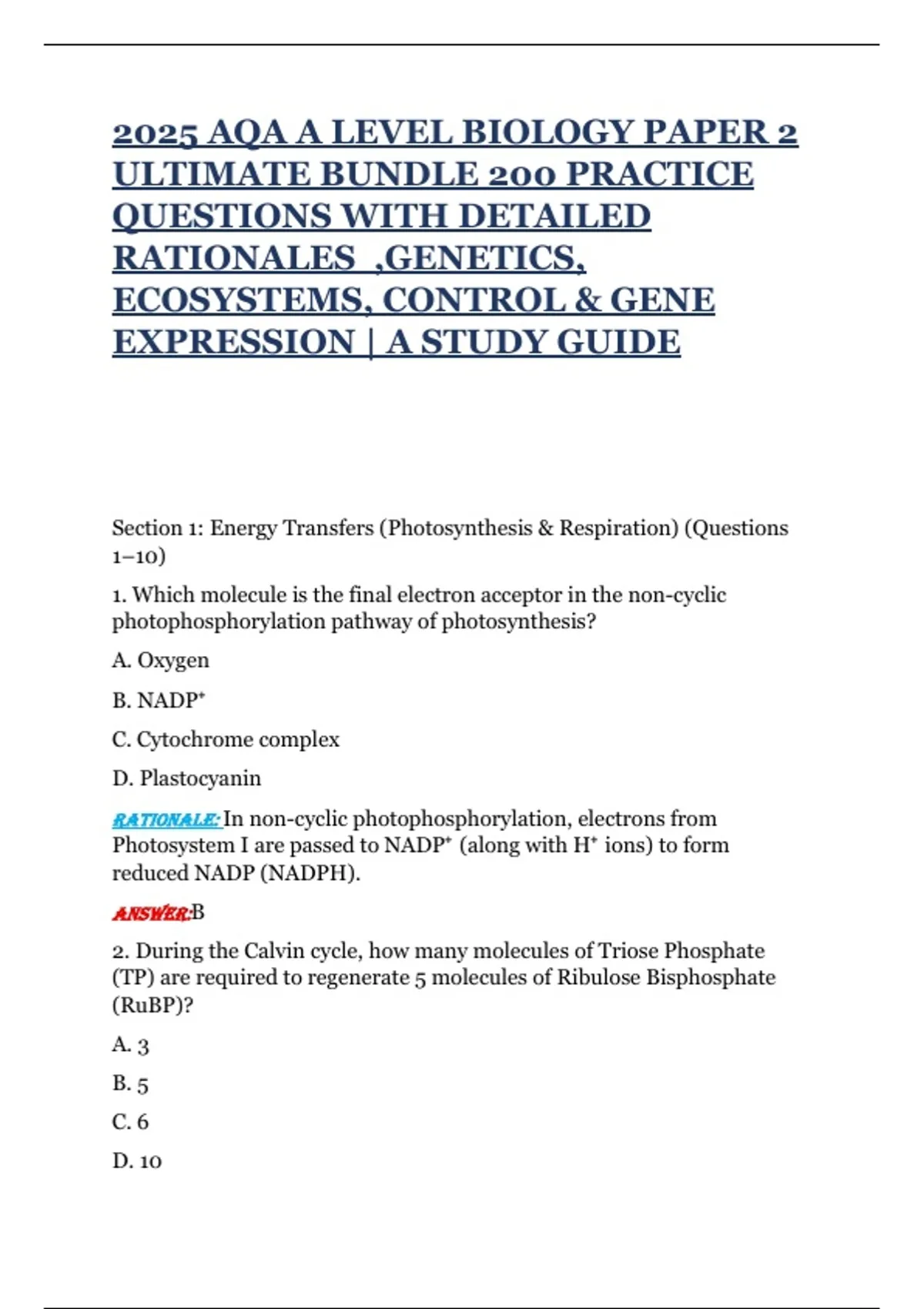 2025 AQA A LEVEL BIOLOGY PAPER 2 ULTIMATE BUNDLE 200 PRACTICE QUESTIONS ...