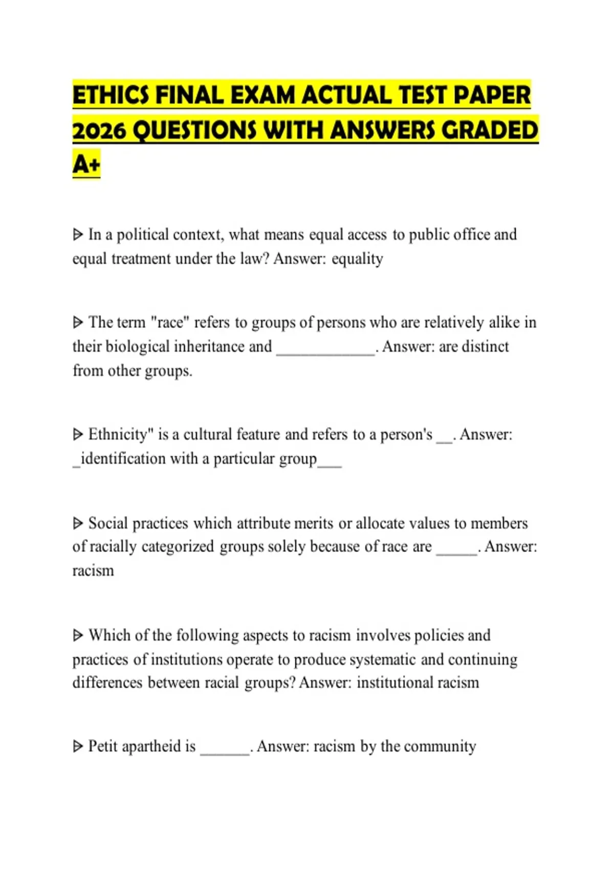 ETHICS FINAL EXAM ACTUAL TEST PAPER 2026 QUESTIONS WITH ANSWERS GRADED ...