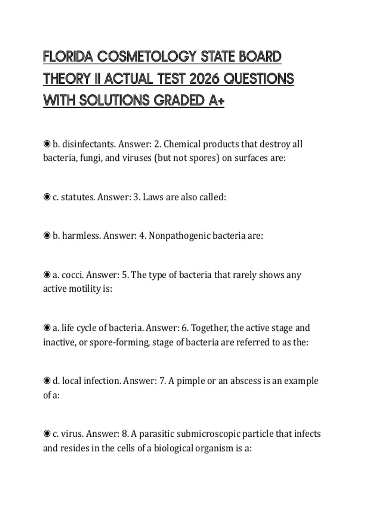 FLORIDA COSMETOLOGY STATE BOARD THEORY II ACTUAL TEST 2026 QUESTIONS ...