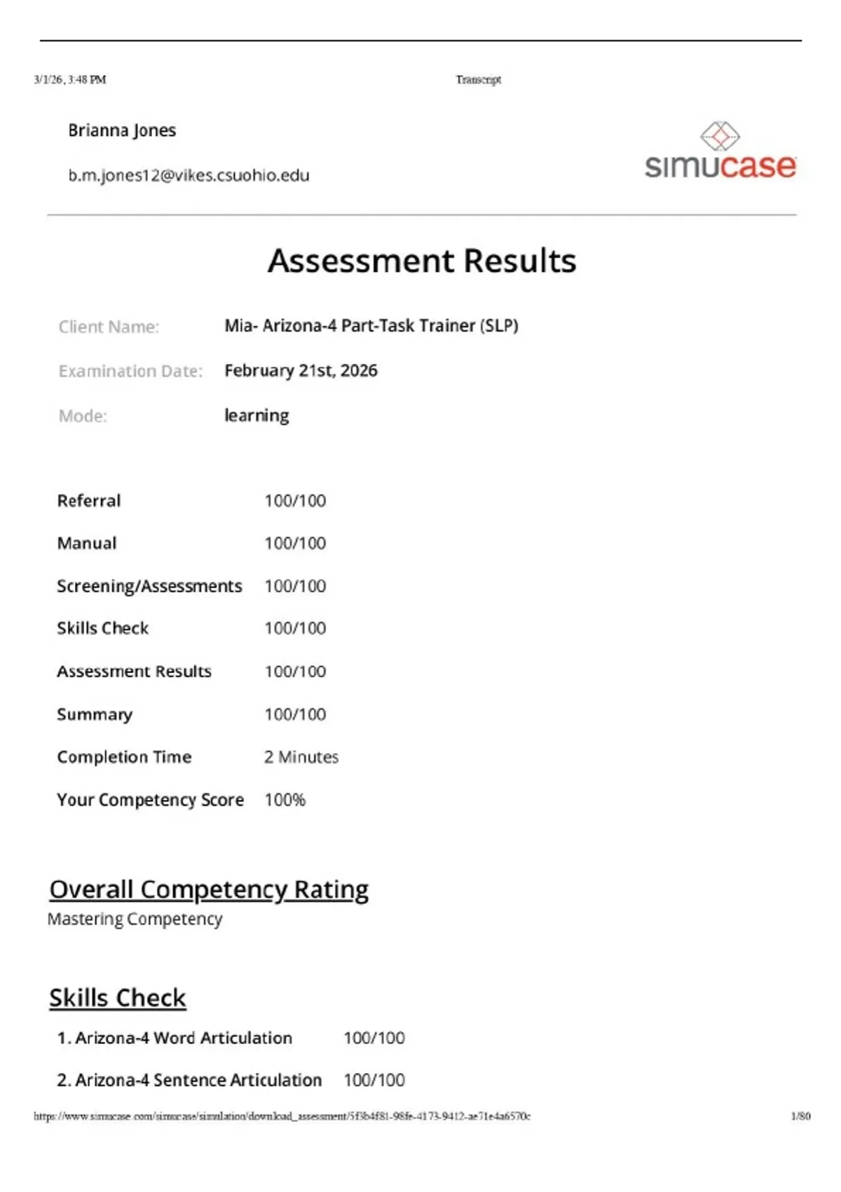 Simucase Arizona-4 SLP Assessment 2026 – Mia Case Study | 100% Score ...