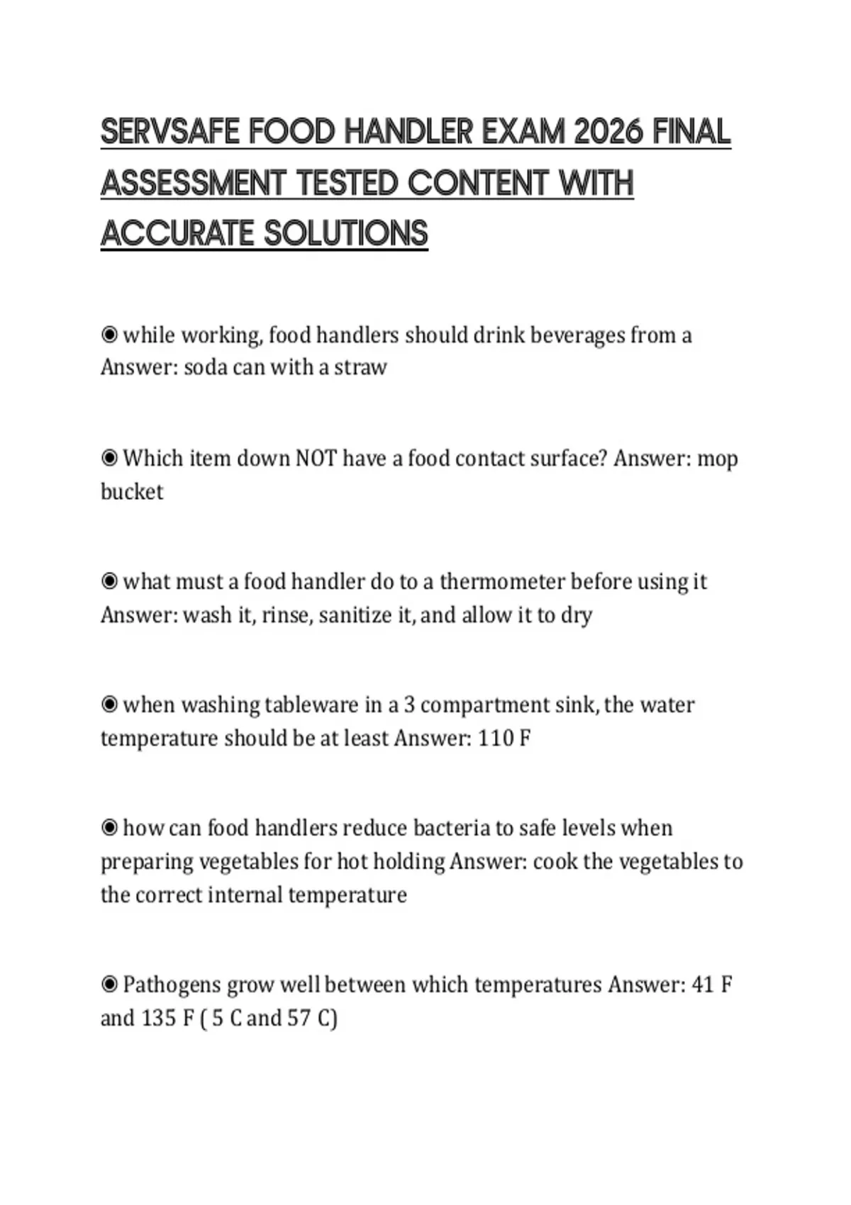 SERVSAFE FOOD HANDLER EXAM 2026 FINAL ASSESSMENT TESTED CONTENT WITH ...