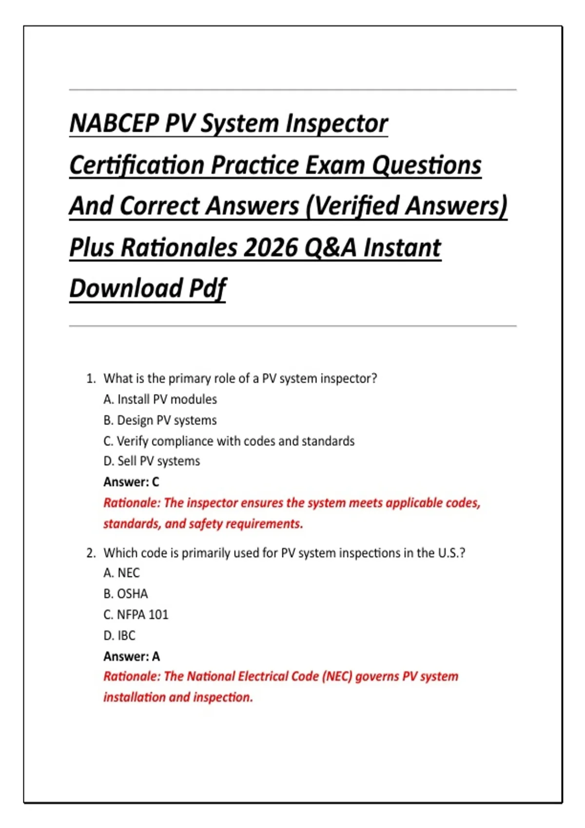 NABCEP PV System Inspector Certification Practice Exam Questions And ...