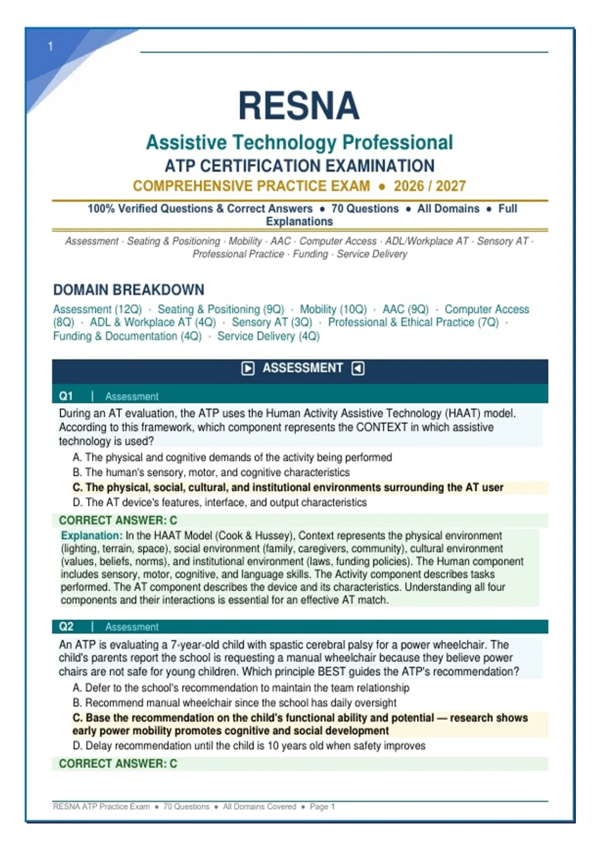 RESNA Assistive Technology Professional ATP CERTIFICATION EXAMINATION ...