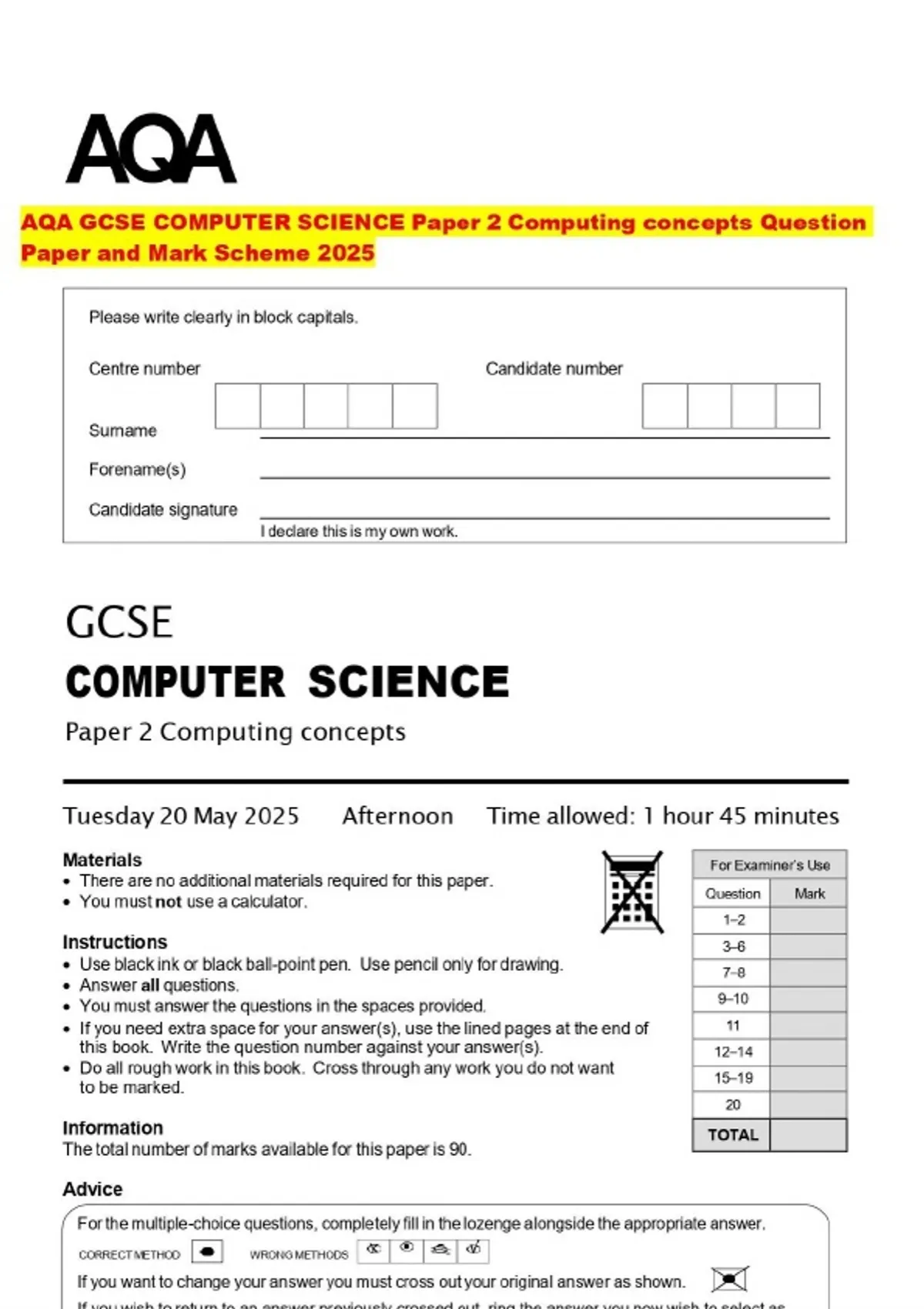 AQA GCSE COMPUTER SCIENCE Paper 2 Computing concepts Question Paper and ...