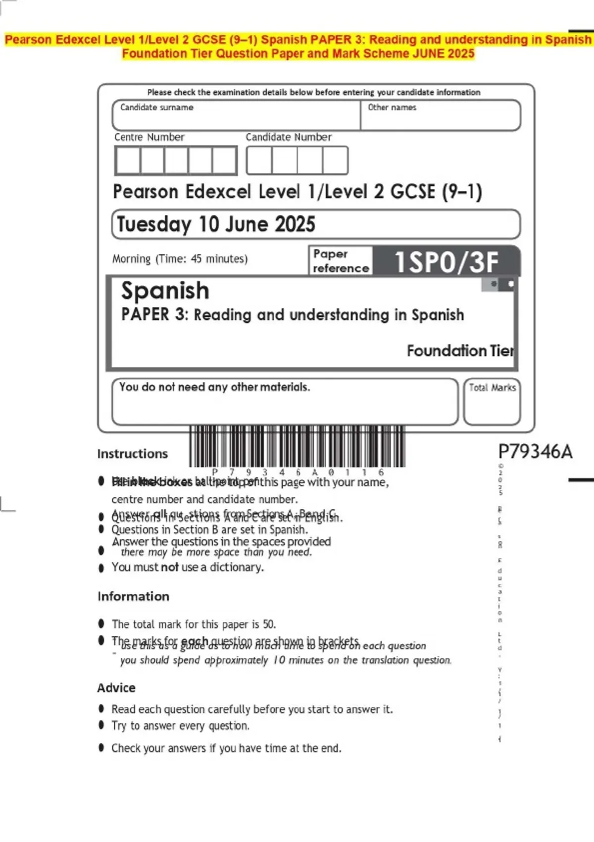 Pearson Edexcel Level 1/Level 2 GCSE (9–1) Spanish PAPER 3: Reading and ...