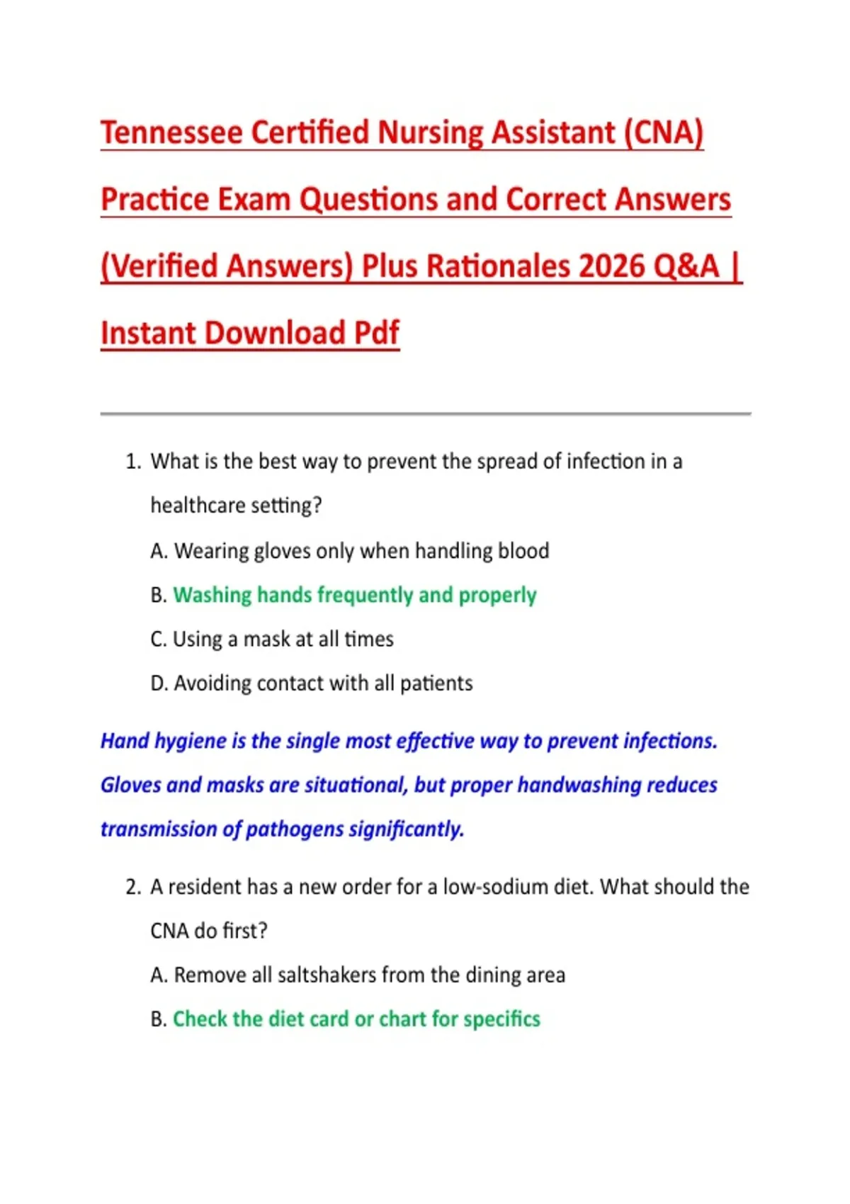 Tennessee Certified Nursing Assistant (CNA) Practice Exam Questions and ...
