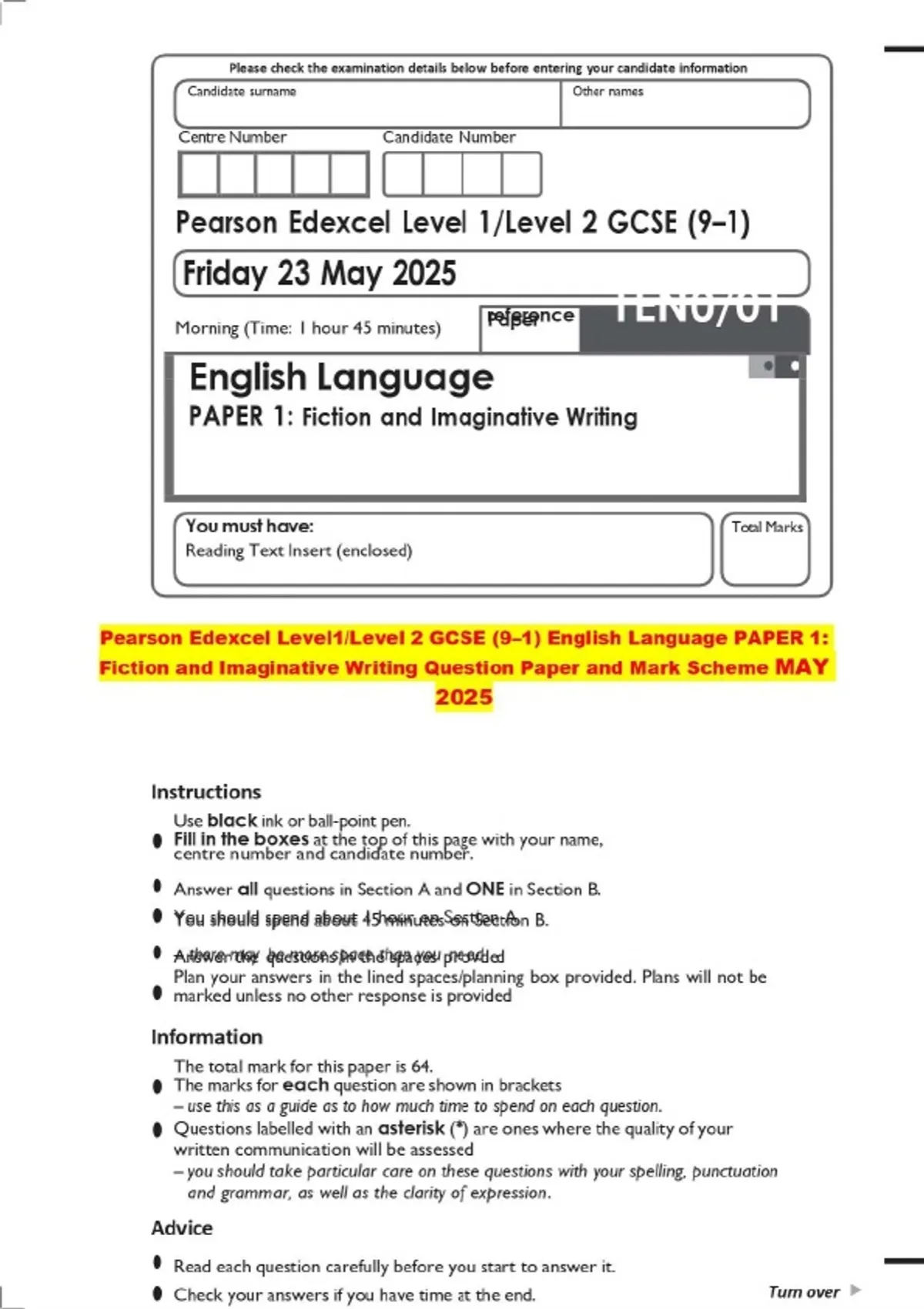 Pearson Edexcel Level1/Level 2 GCSE (9–1) English Language PAPER 1 ...