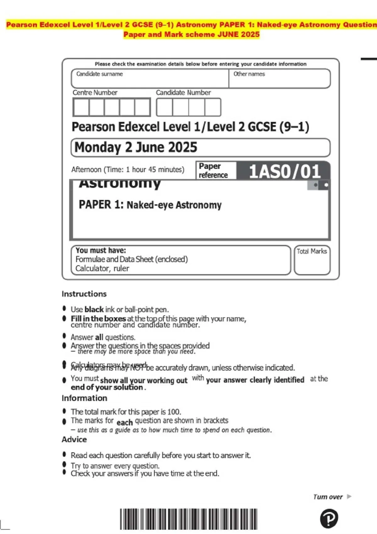 Pearson Edexcel Level 1/Level 2 GCSE (9–1) Astronomy PAPER 1: Naked‑eye ...