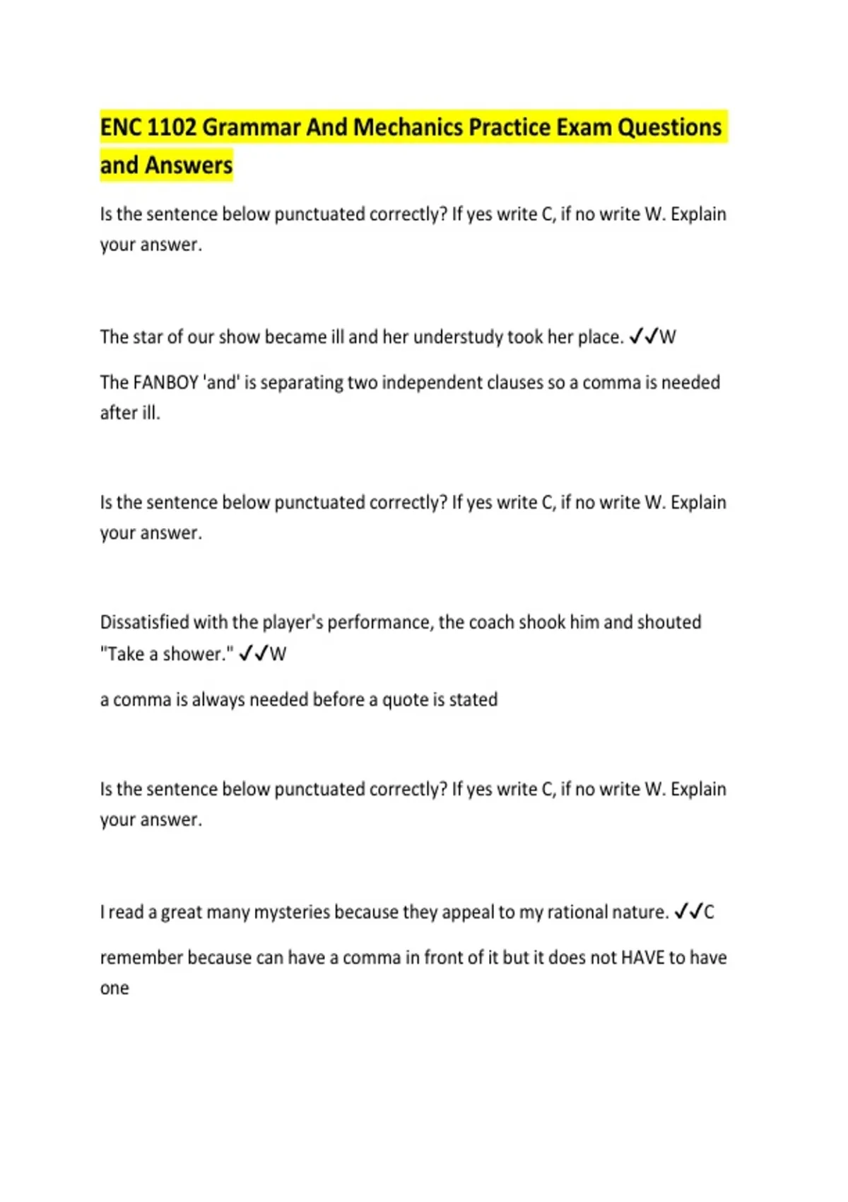 ENC 1102 Grammar And Mechanics Practice Exam Questions and Answers ...