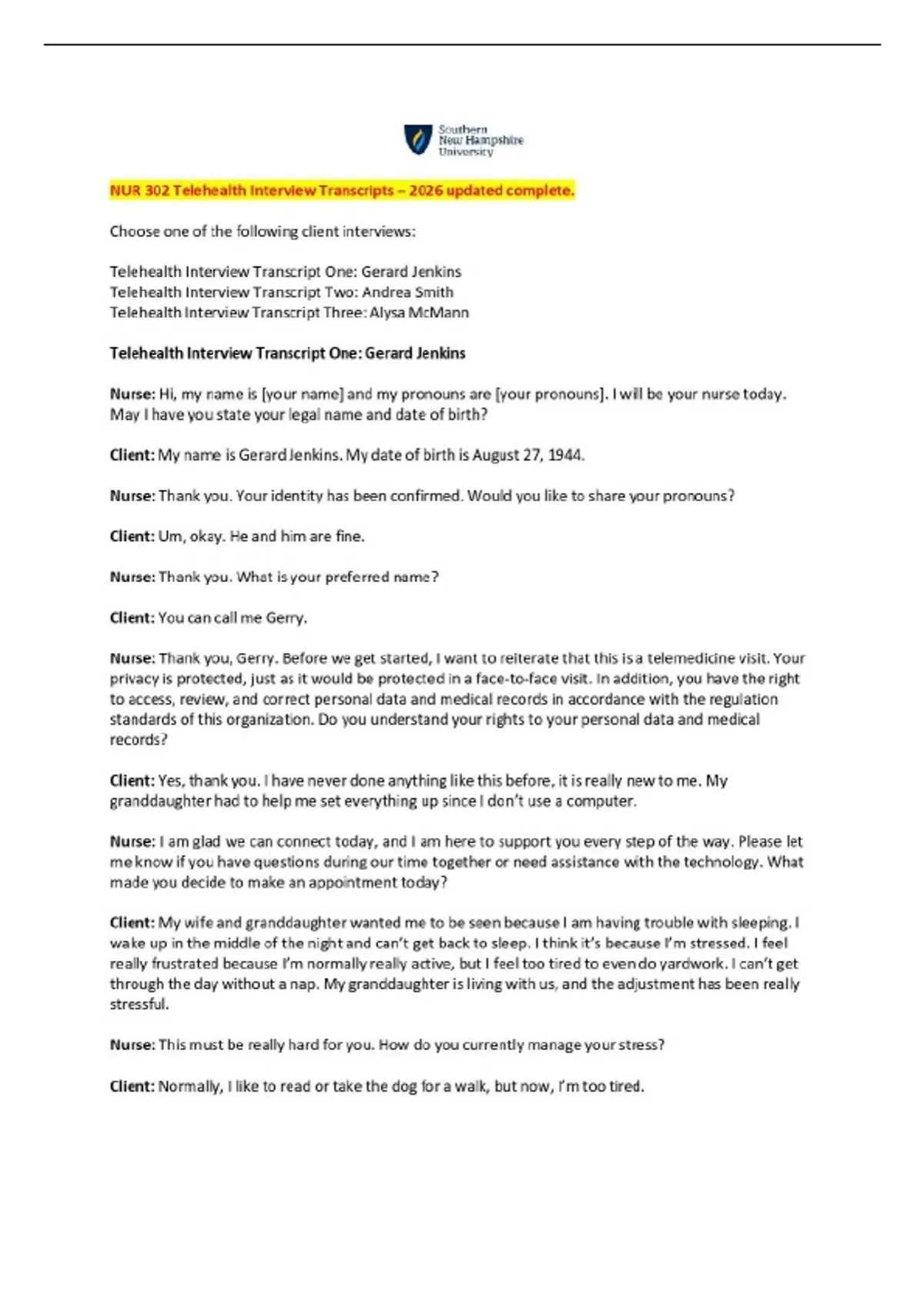 NUR 302 Telehealth Interview Transcripts – 2026 updated complete. - NUR ...
