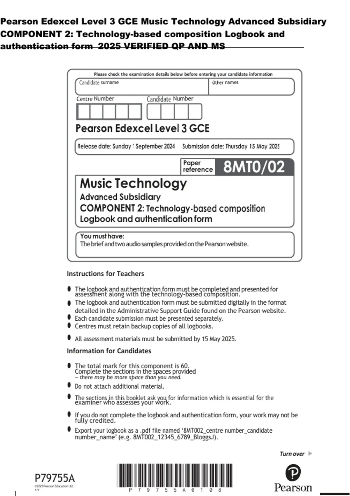 Pearson Edexcel Level 3 GCE Music Technology Advanced Subsidiary ...