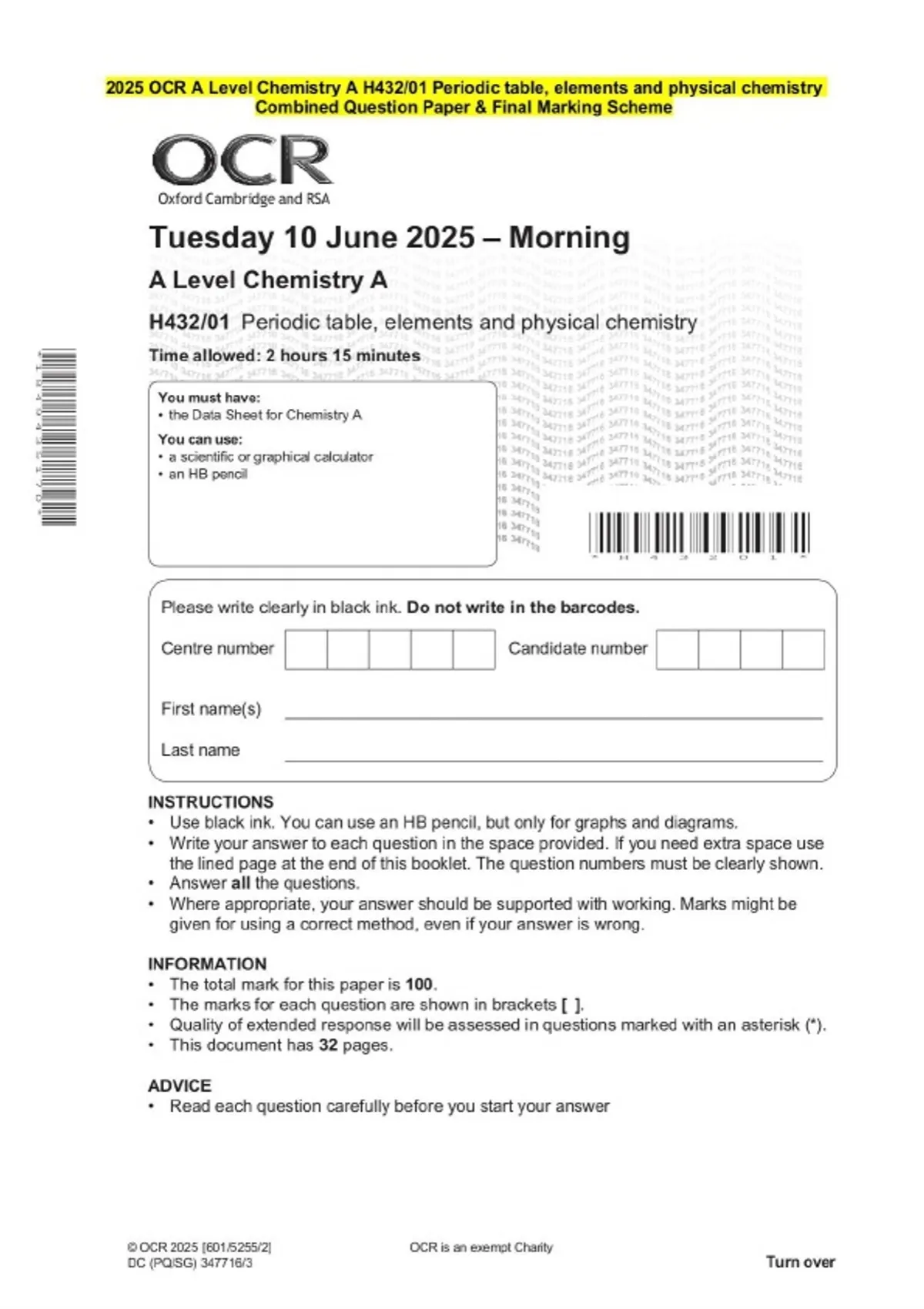 2025 OCR A Level Chemistry A H432/01 Periodic table, elements and ...