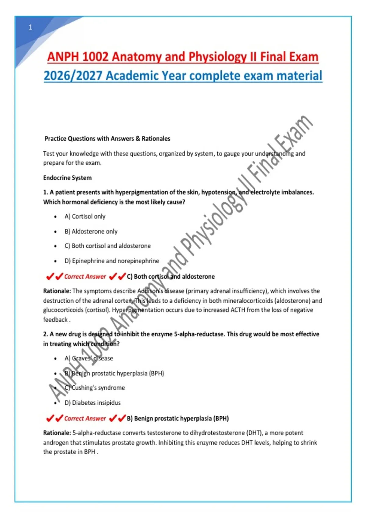 ANPH 1002 Anatomy and Physiology II Final Exam 2026/2027 Academic Year ...