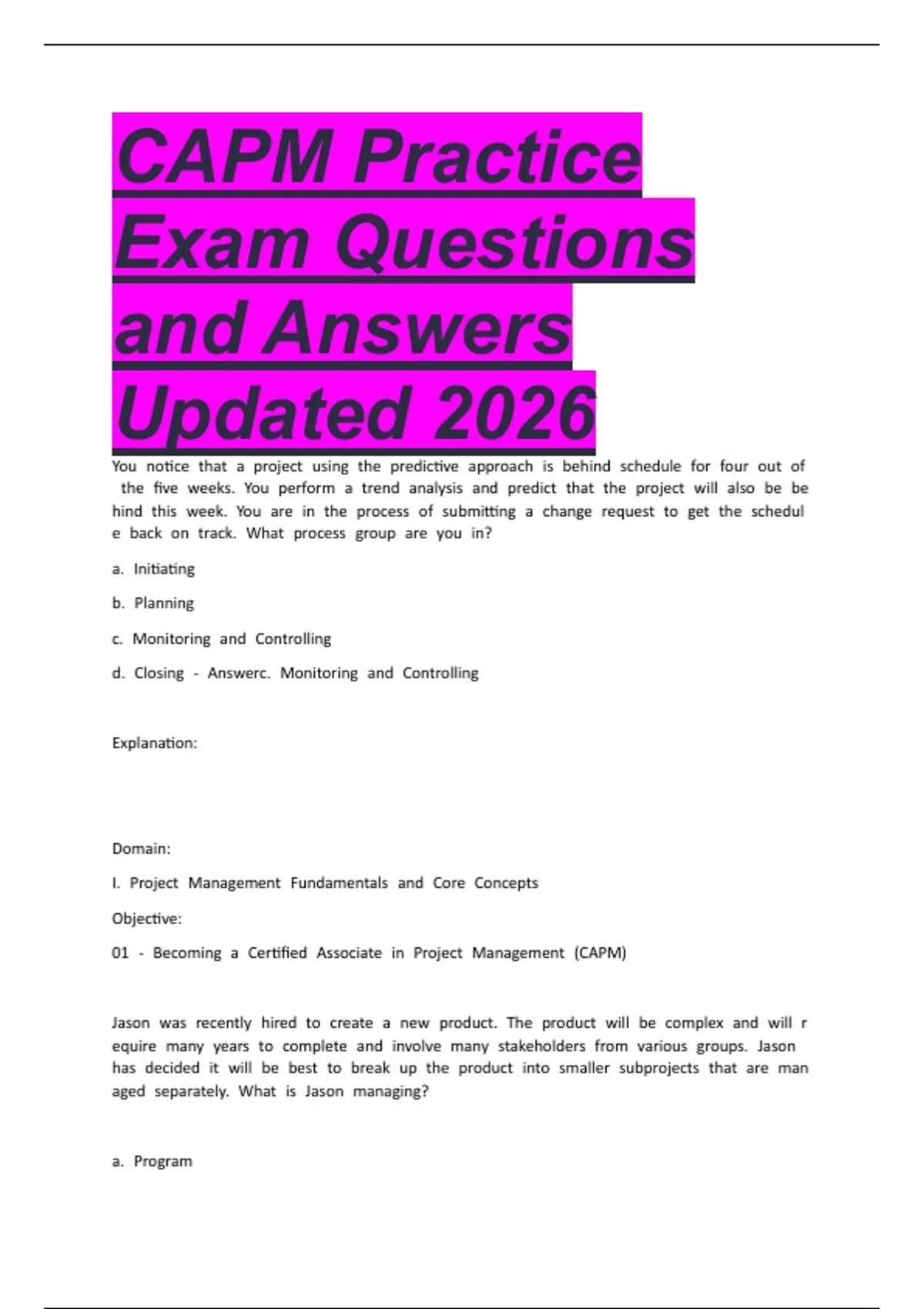 CAPM Practice Exam Questions and Answers Updated 2026 - Camp - Stuvia US
