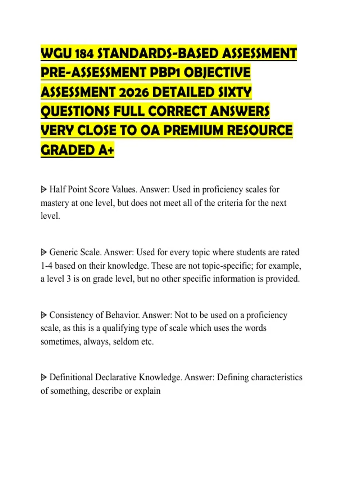 WGU 184 STANDARDS-BASED ASSESSMENT PRE-ASSESSMENT PBP1 OBJECTIVE ...