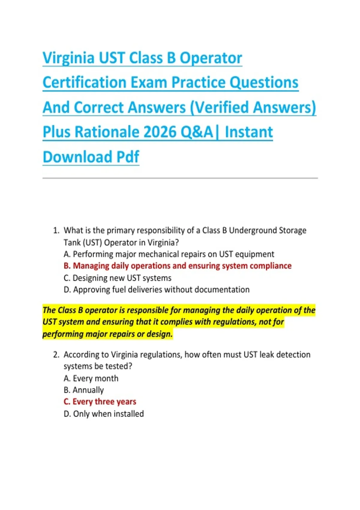 Virginia UST Class B Operator Certification Exam Practice Questions And ...