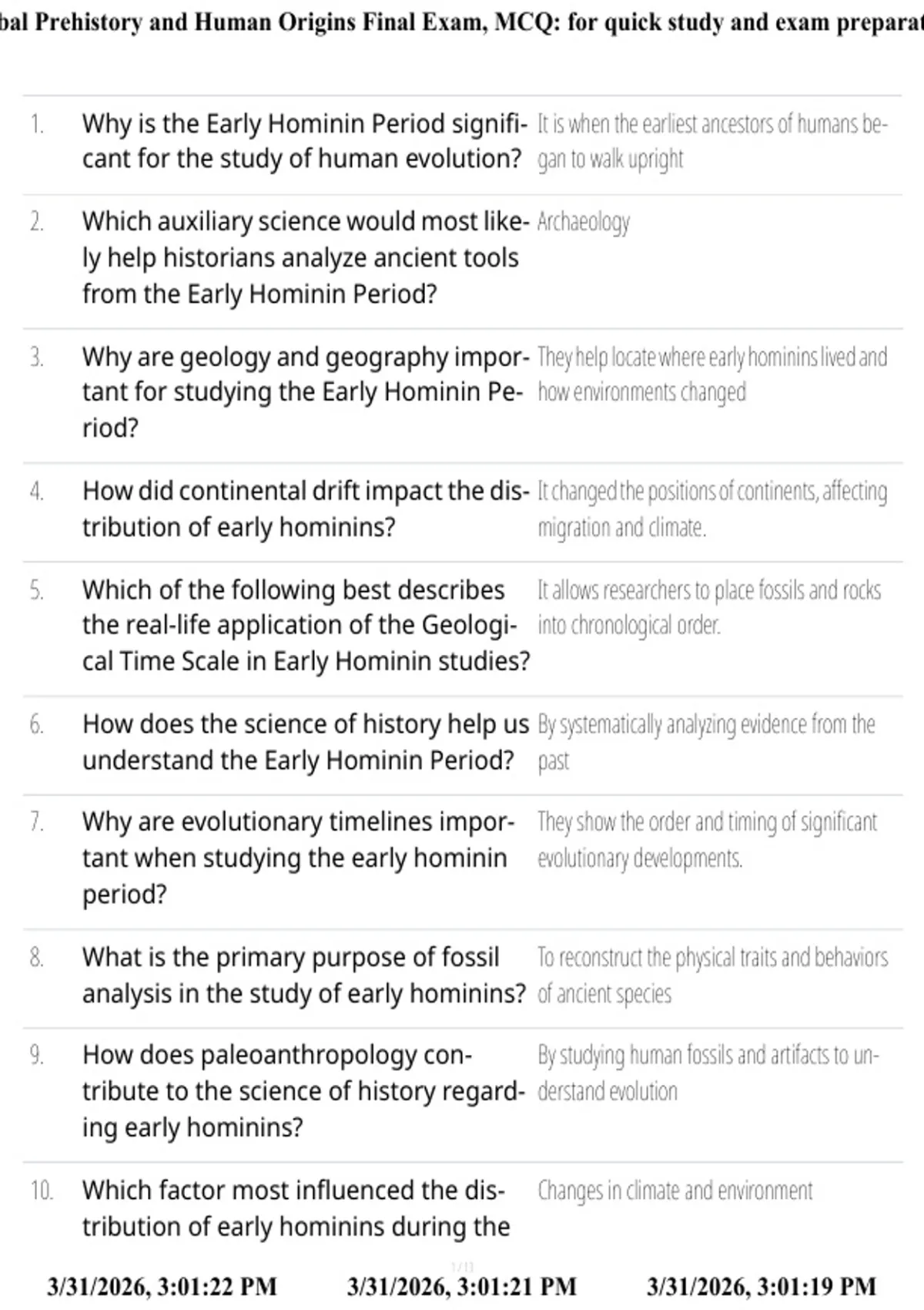 Global Prehistory and Human Origins – Final Exam, Multiple Choice ...