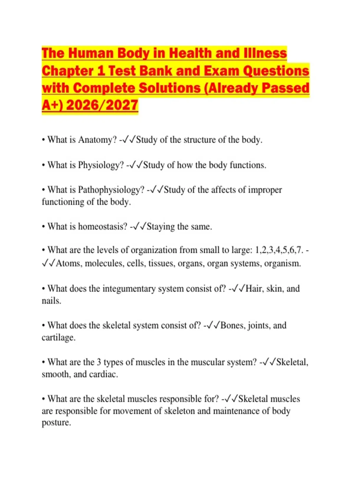The Human Body in Health and Illness Chapter 1 Test Bank and Exam ...