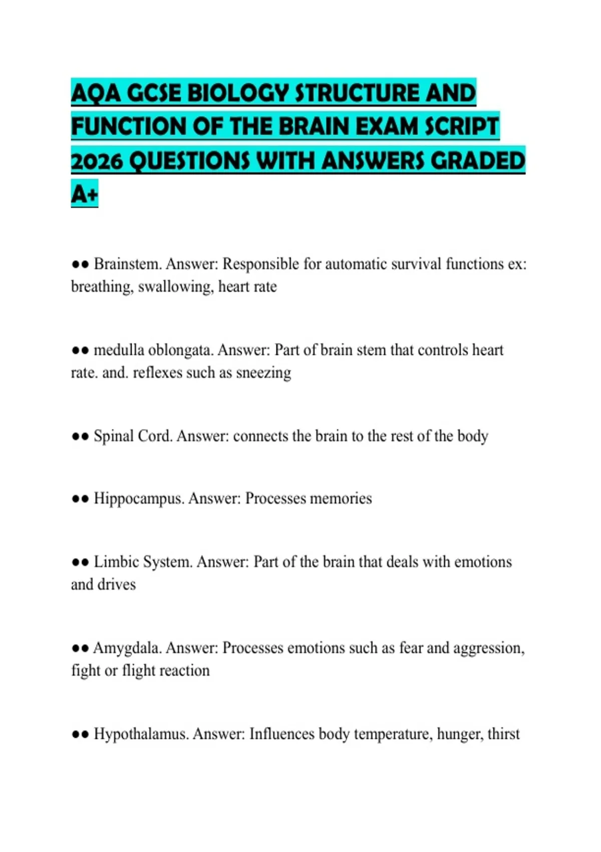 AQA GCSE BIOLOGY STRUCTURE AND FUNCTION OF THE BRAIN EXAM SCRIPT 2026 ...
