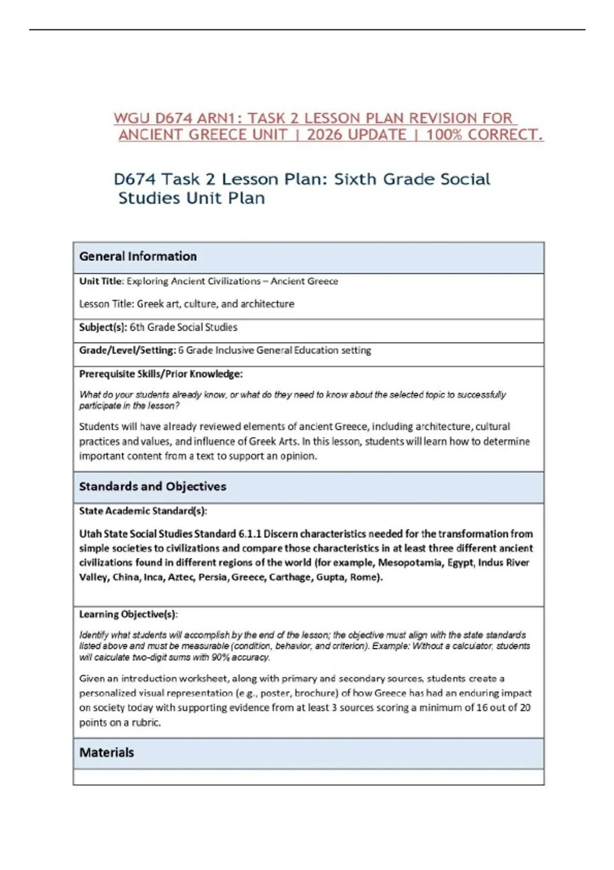 WGU D674 ARN1: TASK 2 LESSON PLAN REVISION FOR ANCIENT GREECE UNIT ...