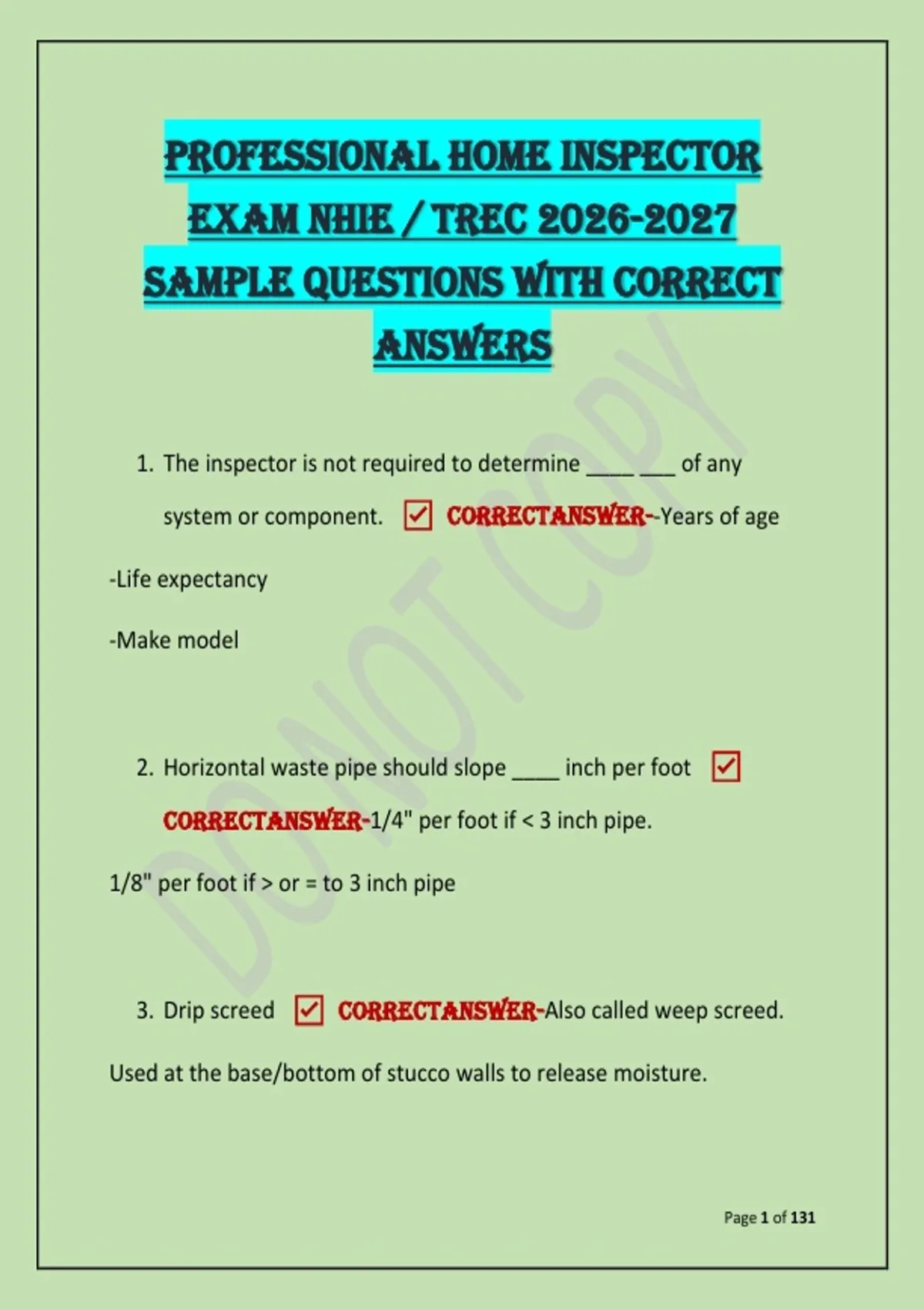 Professional Home Inspector Exam NHIE / TREC Sample Questions With ...