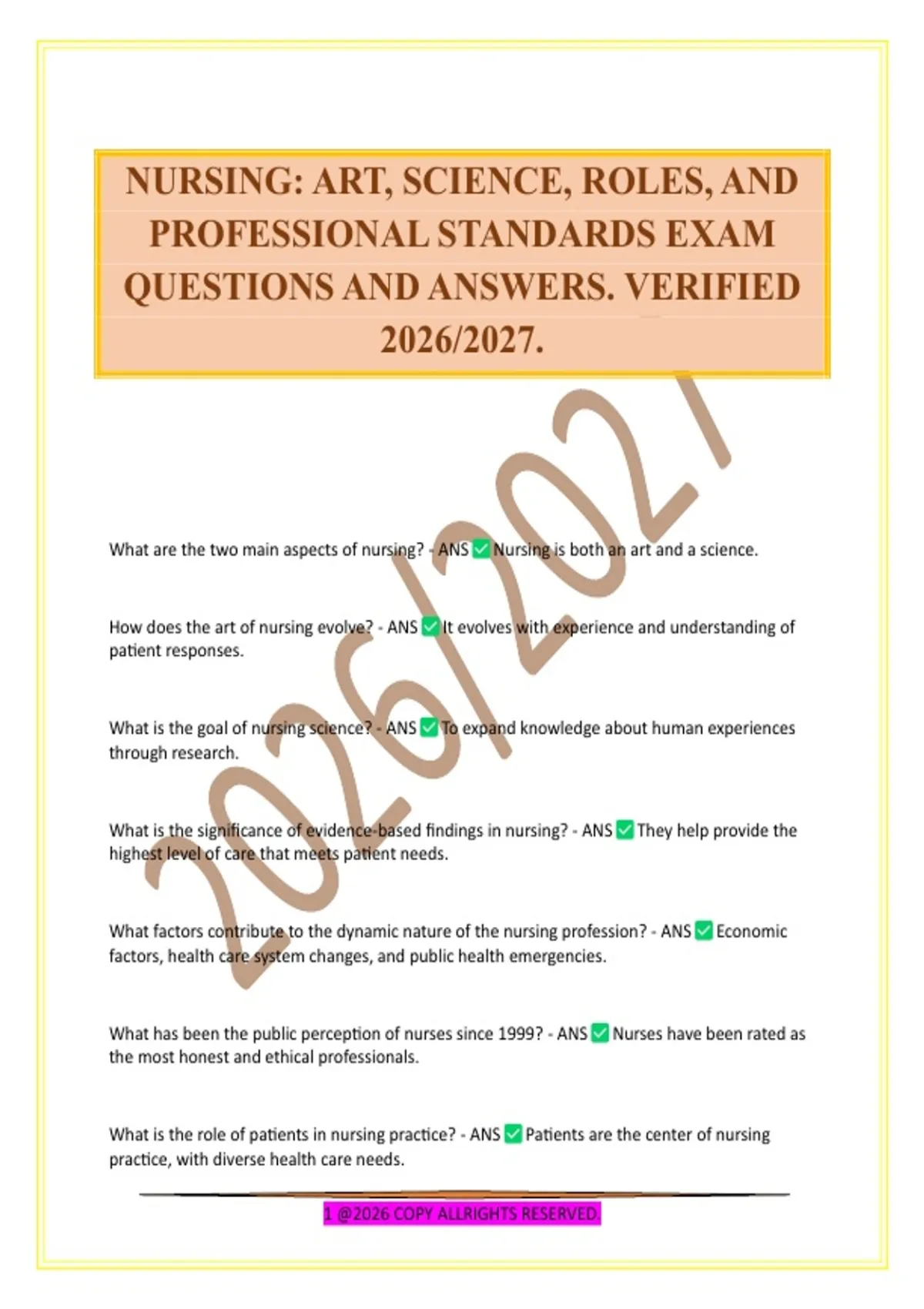 NURSING: ART, SCIENCE, ROLES, AND PROFESSIONAL STANDARDS EXAM QUESTIONS ...