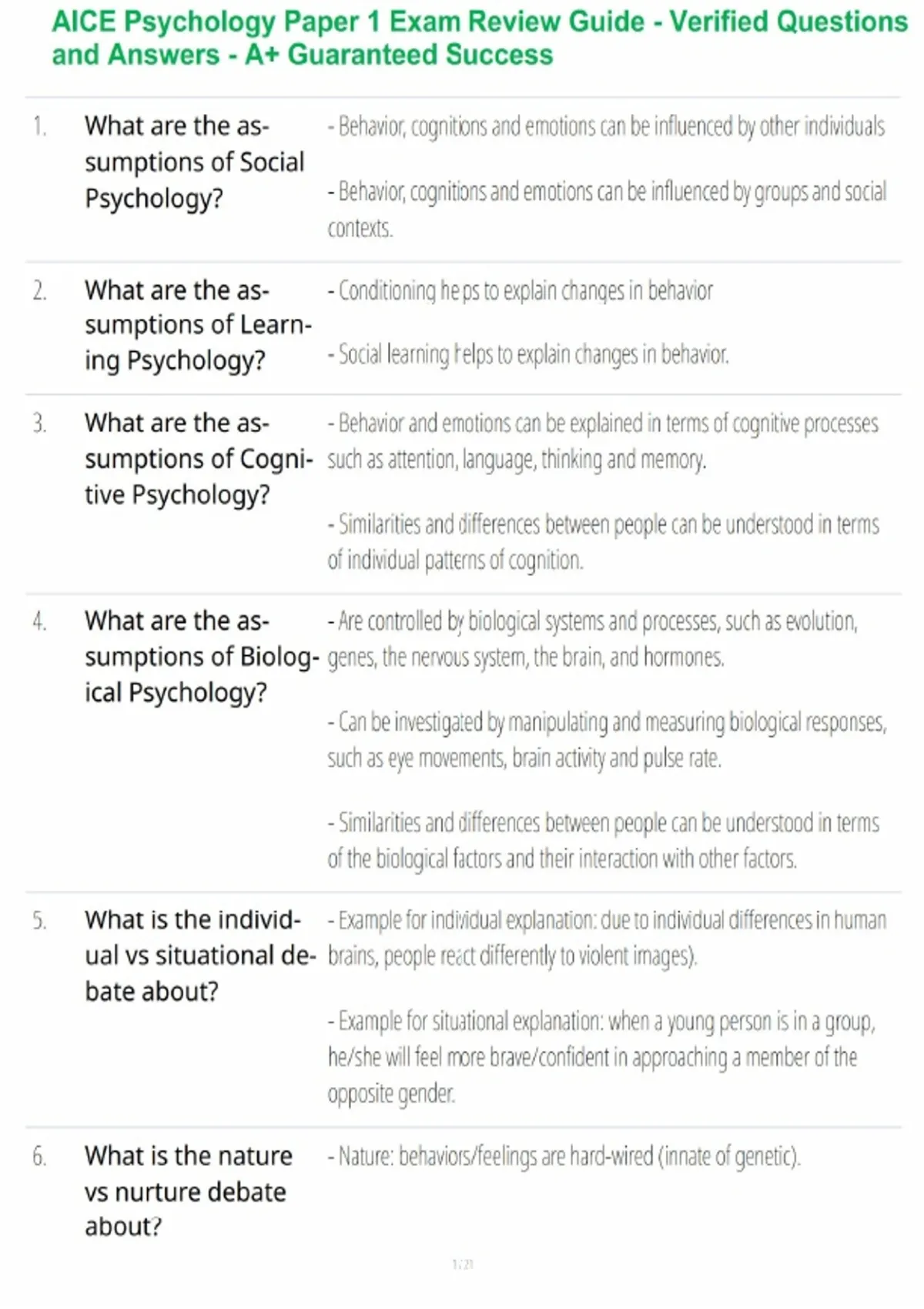 AICE Psychology Paper 1 Exam Review Guide - Verified Questions and ...