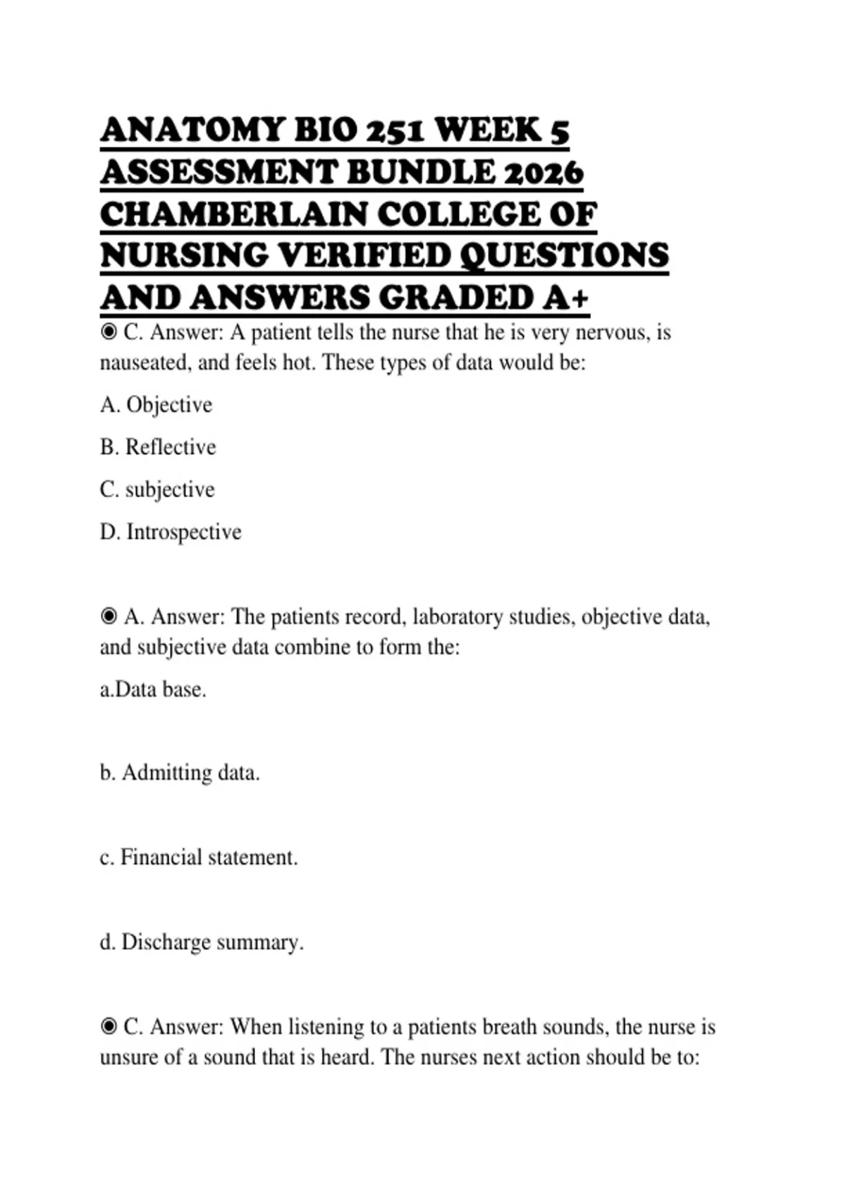 ANATOMY BIO 251 WEEK 5 ASSESSMENT BUNDLE 2026 CHAMBERLAIN COLLEGE OF ...