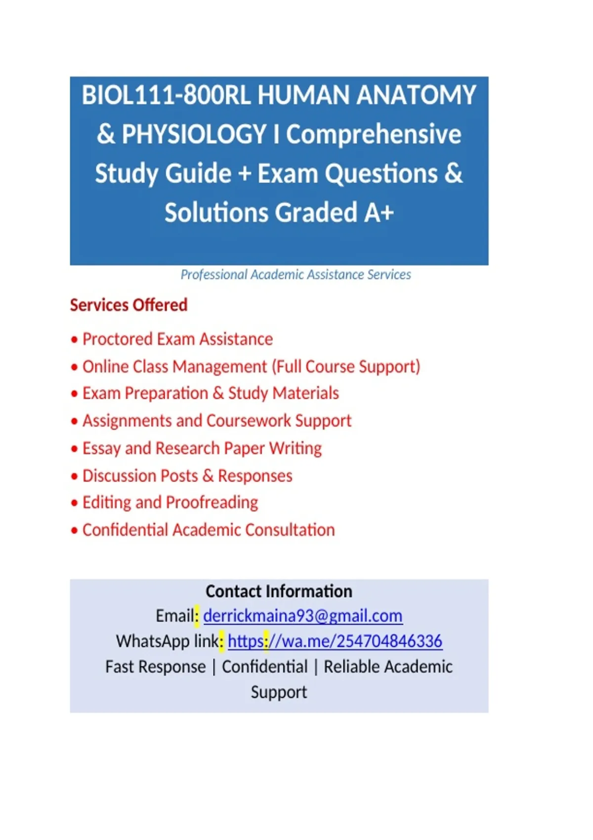 BIOL111-800RL HUMAN ANATOMY & PHYSIOLOGY I Comprehensive Study Guide ...